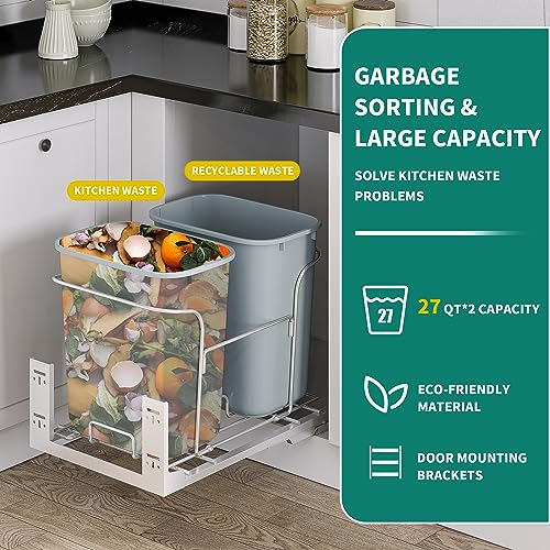 YITAHOME Double 27 Quart Pull-Out Trash Can with Soft-Close Slides, Sliding Under Mount Kitchen Waste Garbage Container for 20.9" W x 25" D x 20.9" H Minimum Cabinets, Gray