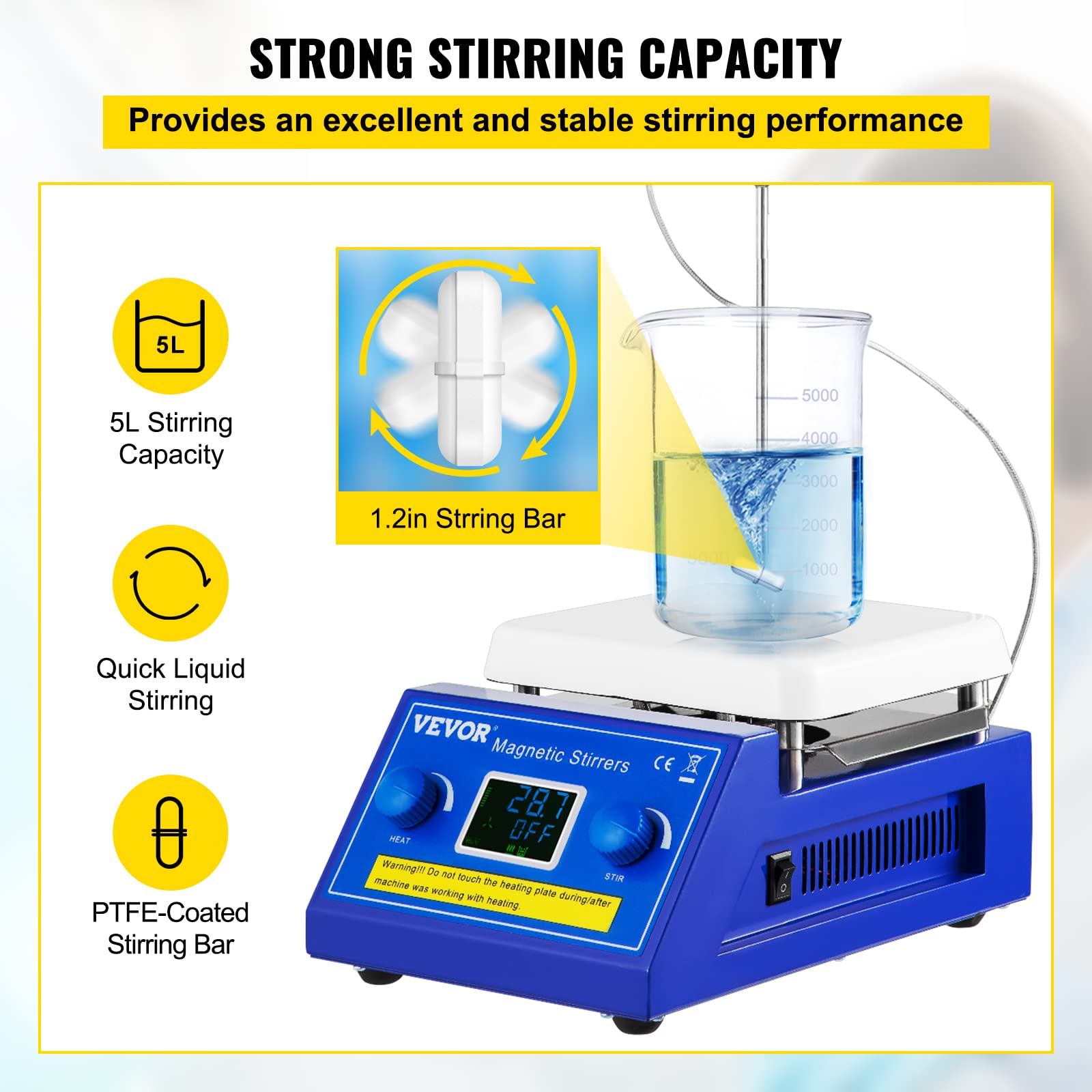 VEVOR Magnetic Stirrer Hot Plate, 5L Capacity Ceramic Coated Hotplate Lab Stirrer 200-2000RPM 608°F/320°C Max Temp Digital Magnetic Stirrer with Temp Probe Sensor and Stirring Bar