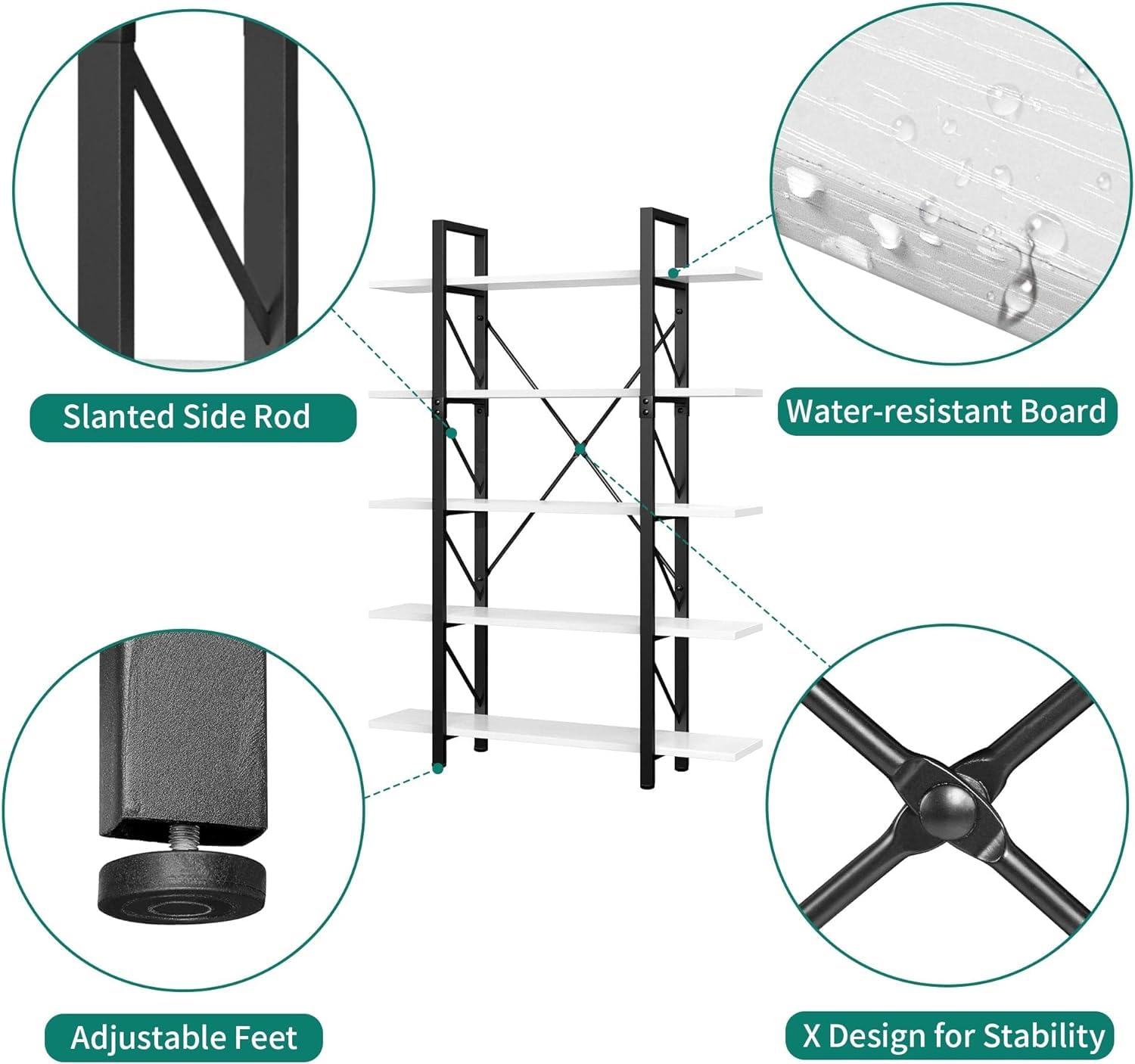 YITAHOME Book Shelf,5 Tier Bookcase, 12" D x 47" W x 71" H Large Industrial Book Shelf Storage Organizer for Living Room, Bedroom,Home Office, Free Standing Storage Shelving Unit, White