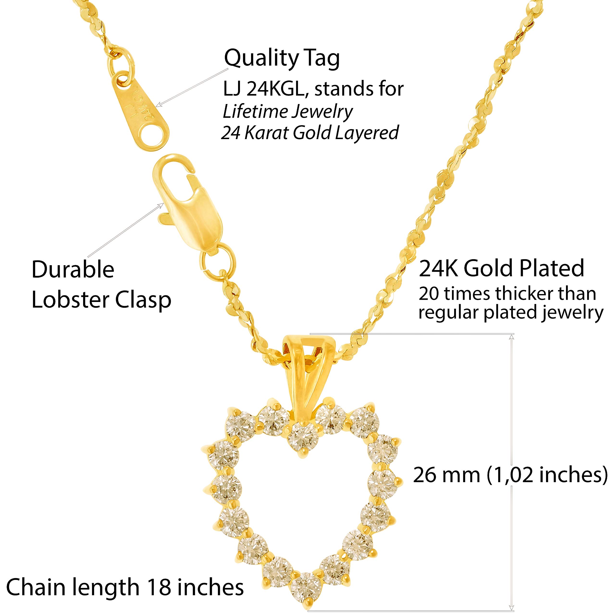 LIFETIME JEWELRY Cubic Zirconia Open Heart Pendant Necklace 24k Real Gold Plated