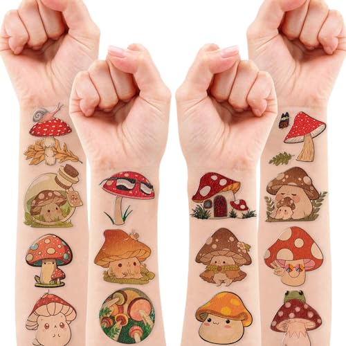 Mushroom Temporary Tattoos Sticker for Kids Birthday Party Supplies Decorations Party Favors 80PCS Tattoo Frog Autumn Super Cute Fall Themed Cute Kids Boys Girls Gifts Ideal School Prizes Reward.