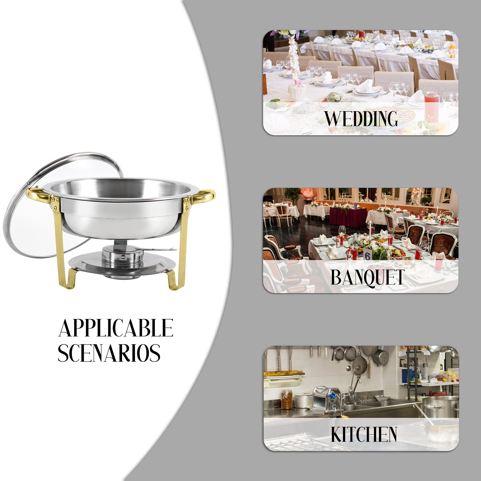 Restlrious Chafing Dish Buffet Set 2 Pack Round Stainless Steel Foldable Chafers and Buffet Warmers Sets Glass Lid in Gold Accents for Catering, 5 QT Full Size Set w/Water Pan, Food Pan, Fuel Holder