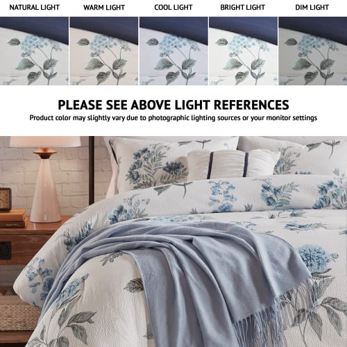 Madison Park Zennia Farmhouse Comforter Set with Throw-Blanket, Floral Print on Seersucker Textures, All Season Bedding, Matching Shams, Toss Pillows, Full/Queen(90"x90"), Blue 7 Piece