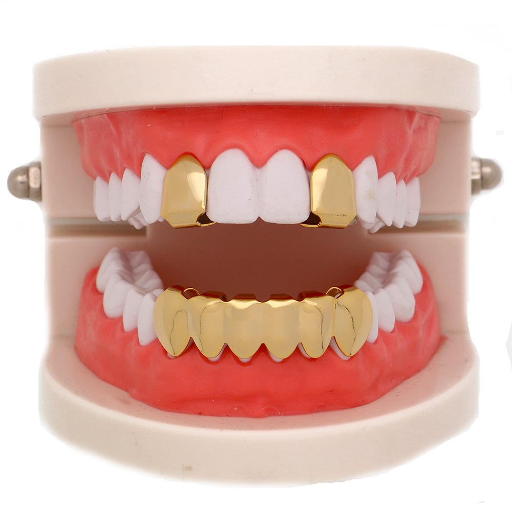 LuReen 14k Gold 2 PC Single Shiny Teeth Grillz 6 Bottom Grillz Set Hip Hop Teeth Grills for Teeth Rapper Halloween Costume Cosplay
