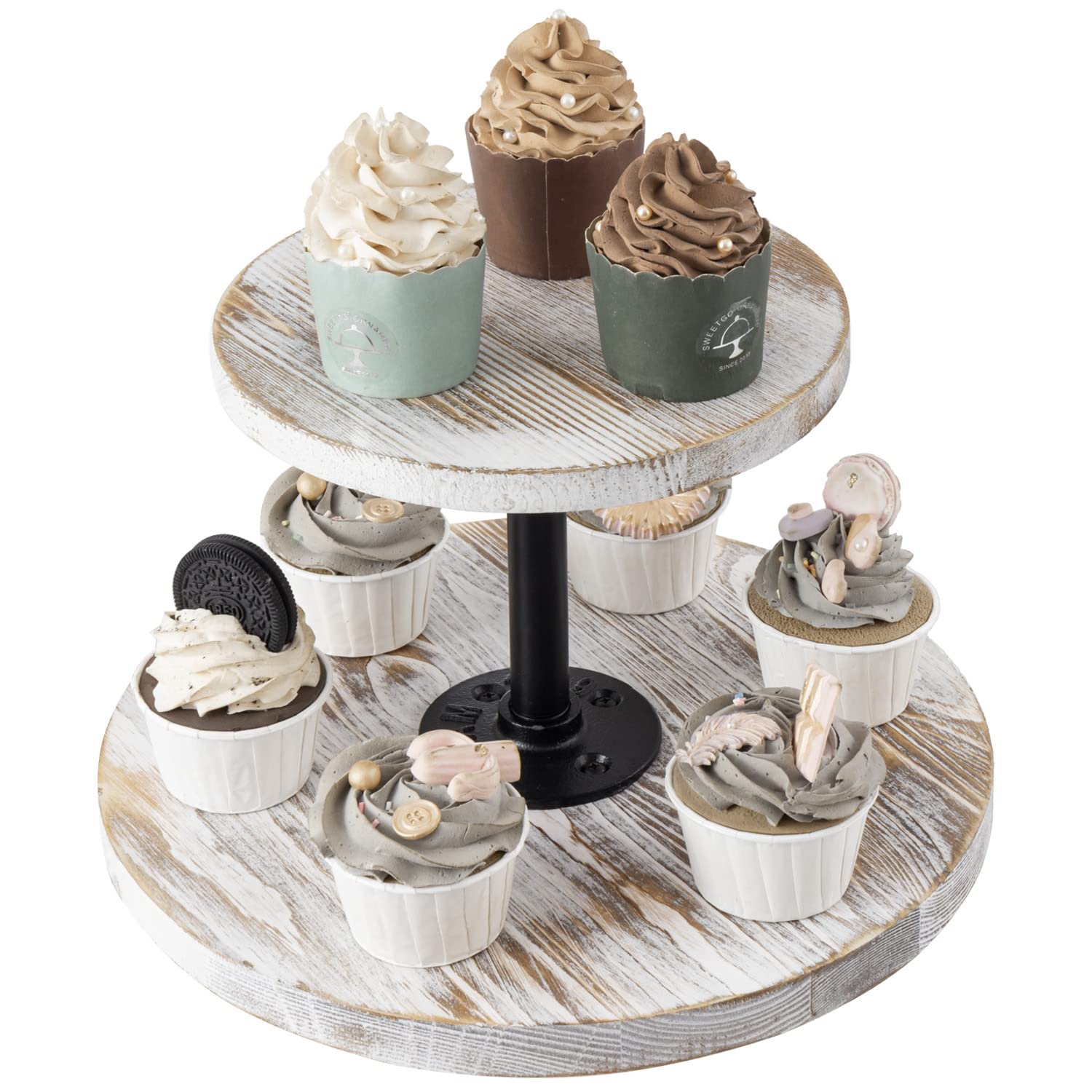 MyGift 2 Tier Lazy Susan Dessert Display Stand - Shabby White Washed Solid Wood and Industrial Matte Black Metal Pipe 360 Degree Rotating Cupcake Riser Tray