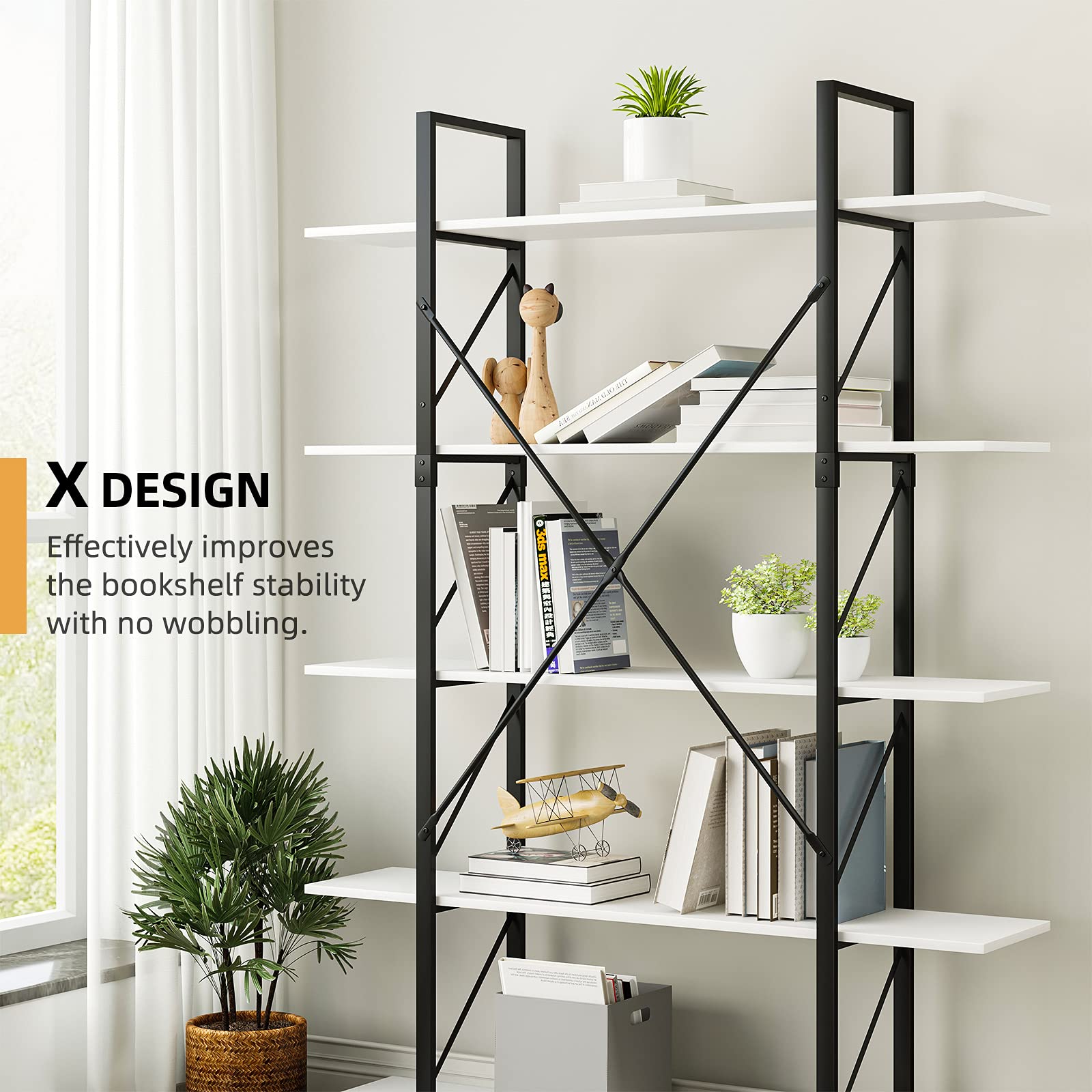 YITAHOME Book Shelf,5 Tier Bookcase, 12" D x 47" W x 71" H Large Industrial Book Shelf Storage Organizer for Living Room, Bedroom,Home Office, Free Standing Storage Shelving Unit, White
