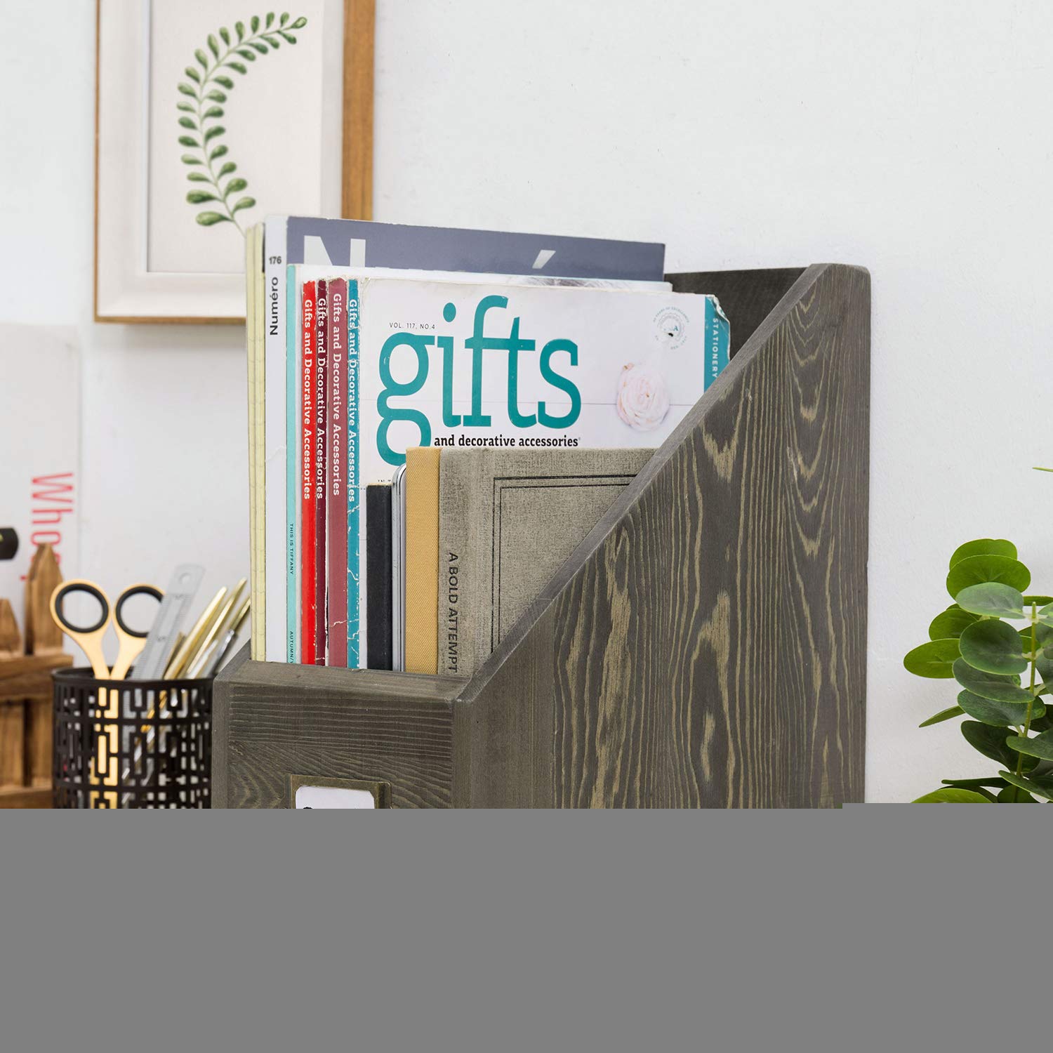 MyGift Vintage Gray Wood Magazine File Holder, Office Document Folder and Paper Organizer Bin with Metal Label Holder