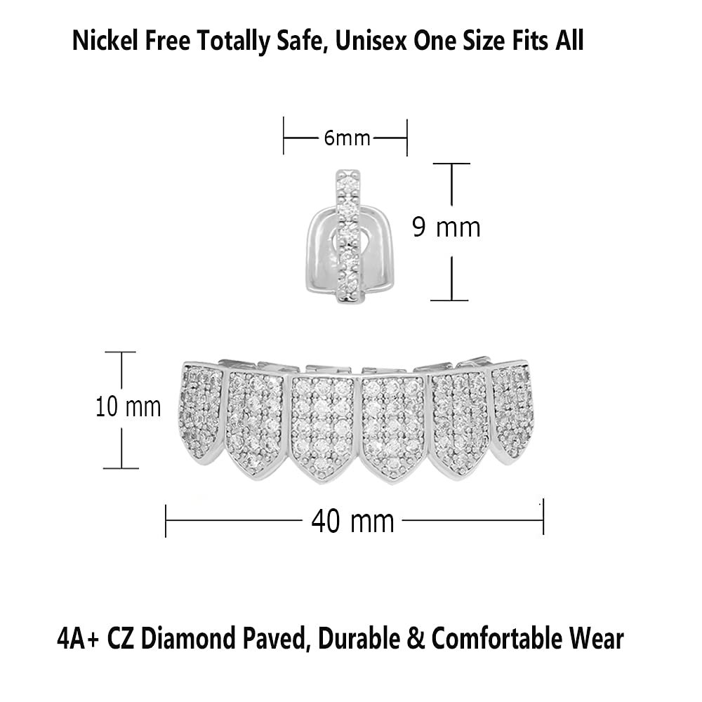 LuReen Silver Pave Full CZ Bar Grillz Teeth Top and 6 Bottom Set Grills + Extra Molding Bars for Halloween Costume Cosplay