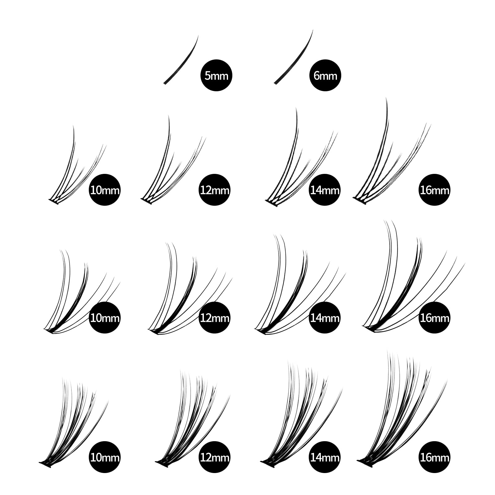 VEYES INC Individual Lash Clusters Mixed Tray 5/6/10/12/14/16mm, DIY Eyelash Extensions at Home, Wispy Lashes for Beginners, Bottom/Light volume/7D Spike/20D Clusters