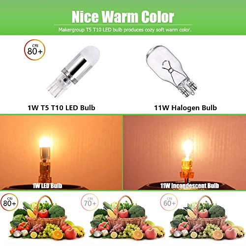 Makergroup T5 T10 Wedge Base LED Light Bulbs 12VAC/DC 1Watt Warm White 2700K-3000K for Outdoor Landscape Lighting Deck Stair Step Path Lights and RV Travel Tailer Lights 6-Pack
