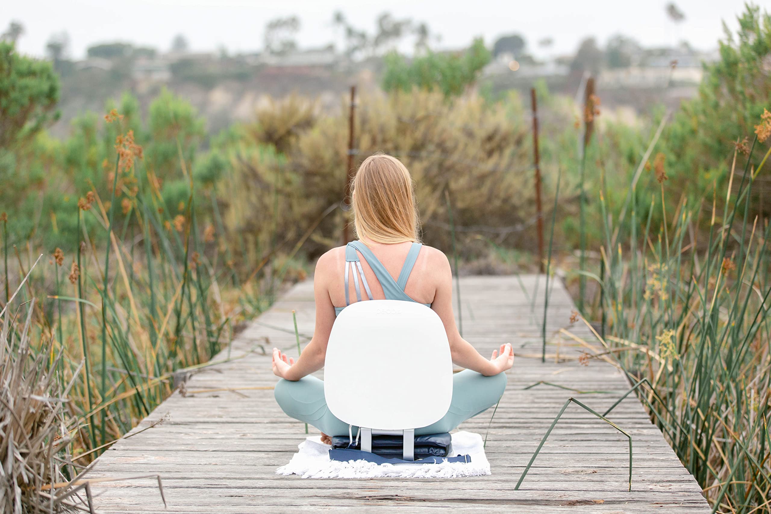 Pebbl Portable Yoga and Meditation Chair - The Starter - Back Support Folding Seat for Meditation, Yoga Floor Chair(White/Navy Blue)