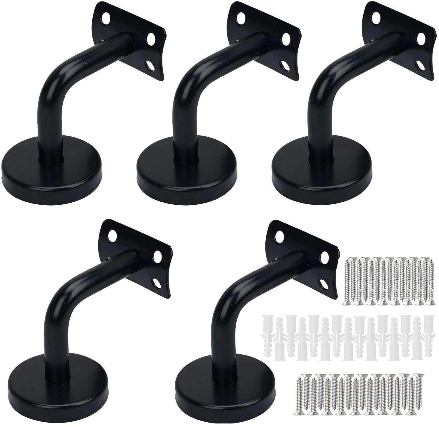 LOEQIAN 5 Pack Black Stainless Steel Handrail Bracket, Heavy Duty Staircase Handrail Brackets, Stair Railing Brackets for Handrail, Hand Rail Mounting Holders with Mounting Screws