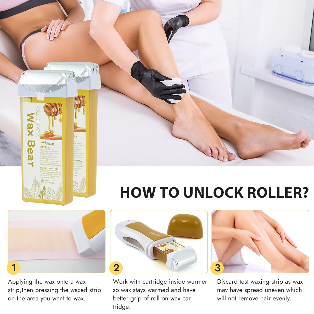 Wax Bear Roll On Depilatory Roller Wax Kit for Sensitive Skin, Soft Wax Heater with 2 Cartridge Refill,10 Wipes and 100 pcs Strips