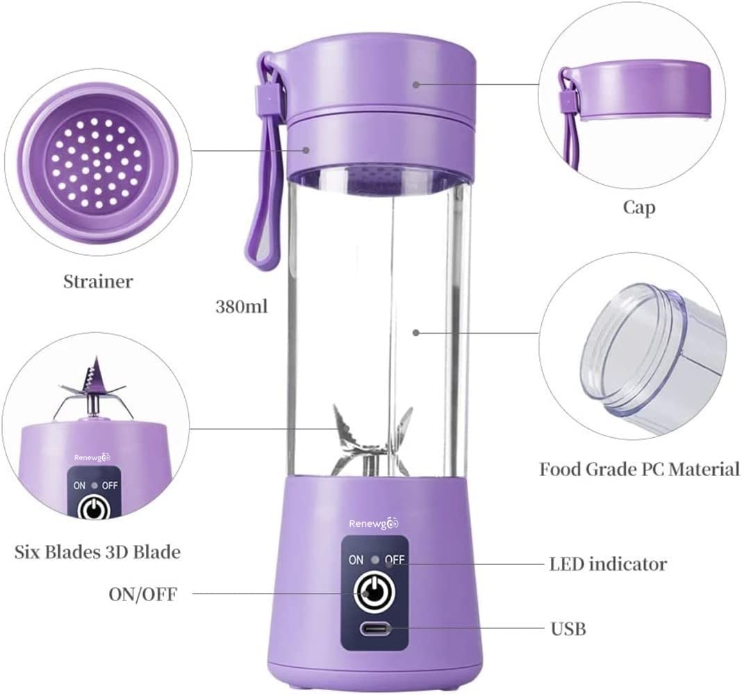 Renewgoo BlendMate Blender Portable Juicer Travel Bottle Portable Personal USB-C Mini Rechargeable Electric Smoothie Maker, Fruit & Veggie Blending To Go, Purple
