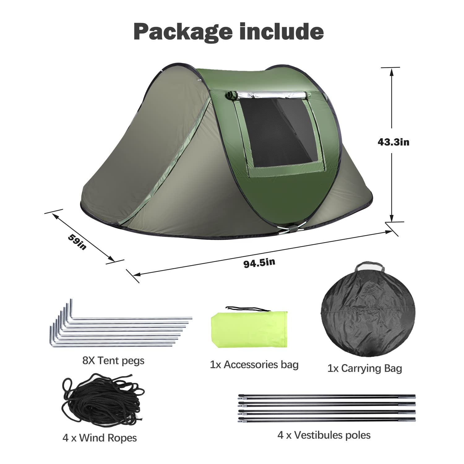 RealPero Instant Pop Up Tent, Automatic Easy Setup Outdoor Waterproof Windproof Family Tent, Upgraded 2 Doors Vestibule Sun Shelter for 2/3 People Outdoor Camping,Travelling,Hiking, Beach,Green