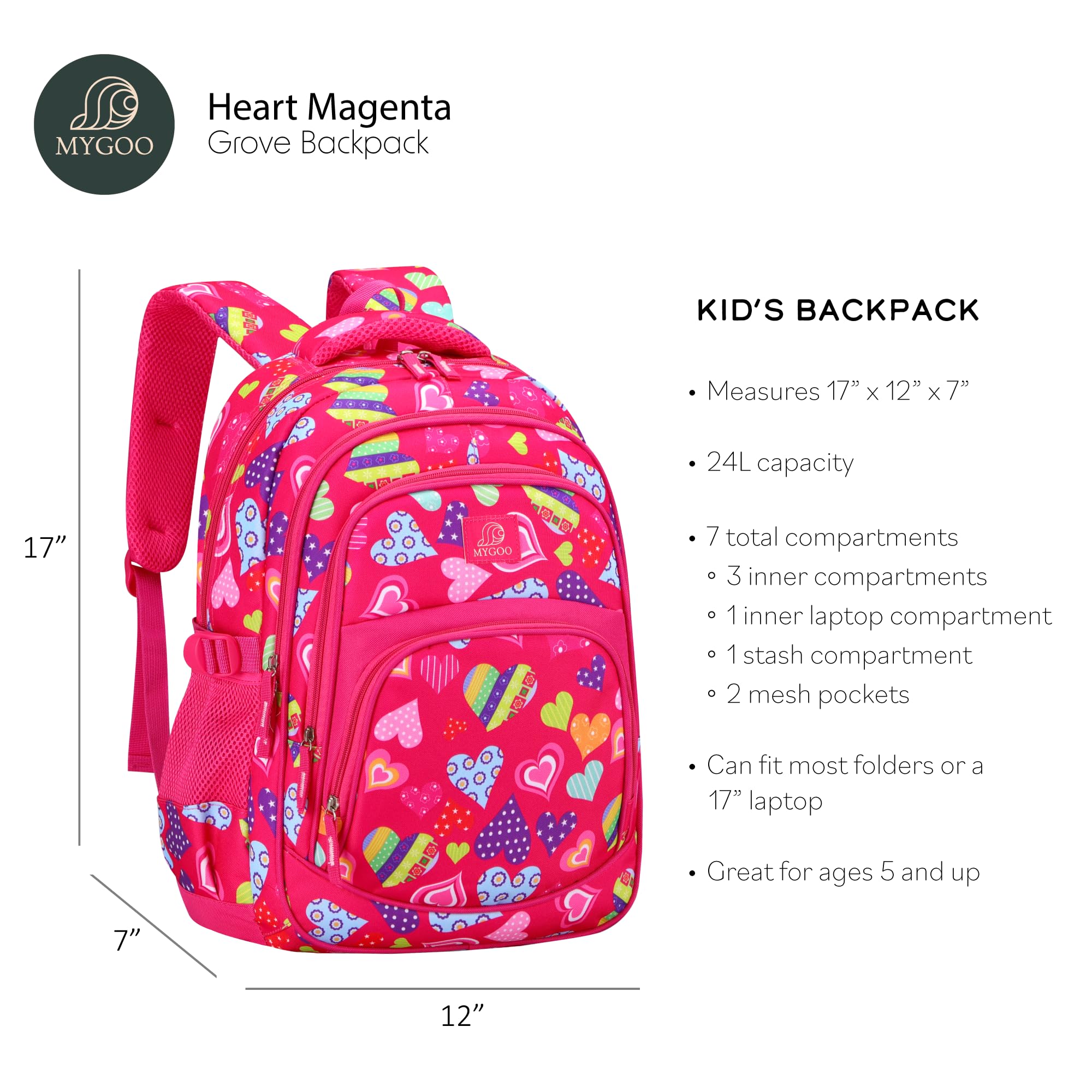 MYGOO Tropical Kids Backpack for Girls | 17" Heart Magenta | Grove Collection for School-Aged Children