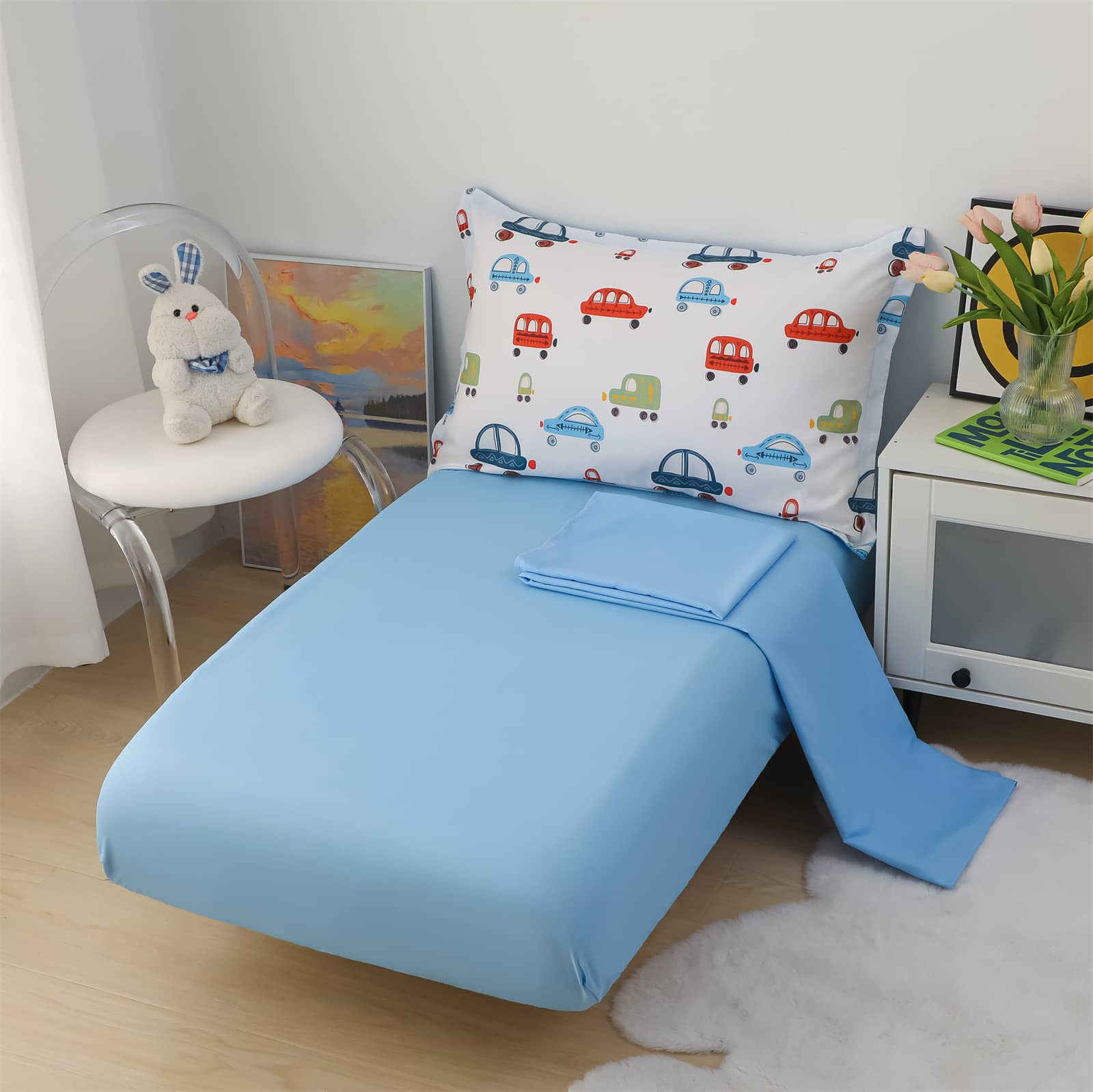 VINILITE 4 Piece Toddler Bedding Set Cars Standard Size Children Comforter Set Ultra Soft Includes Quilted Comforter, Fitted Sheet, Flat Sheet, and Pillow Case for Kids Boys, 28" x 52"