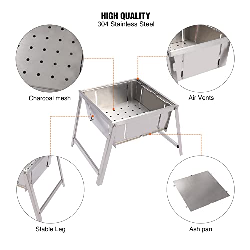 REDCAMP Pop up Camping Flatfold Fire Pit Portable & Wood Burning, 12.8" Folding Collapsible Stainless Steel Backpacking Grill Charcoal for Outdoor Cooking BBQ