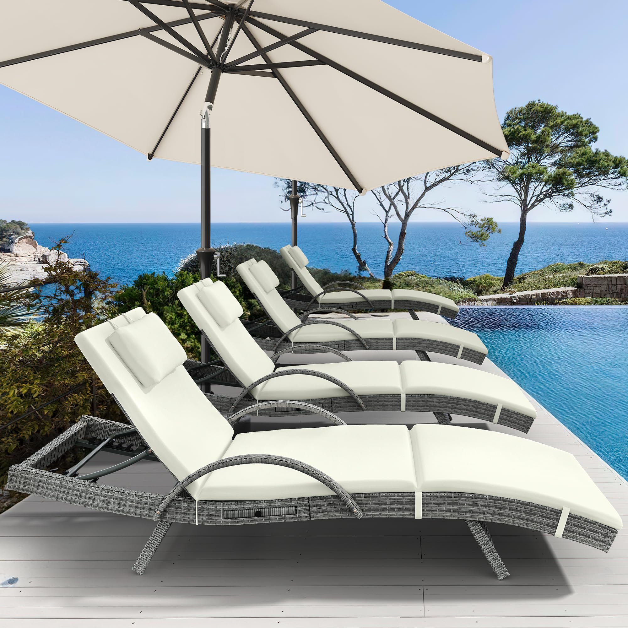 YITAHOME Patio Chaise Lounge Chair Set of 2, Wicker Chaise Lounge Outdoor Rattan Reclining Chair with Armrests/Pull-Out Cup Holder/5-Position Backrest/Cushion & Headrest-Beige