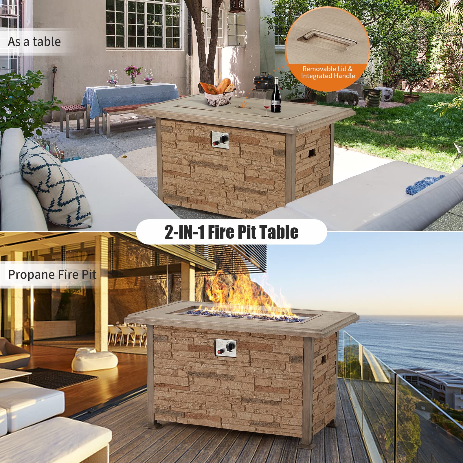 Vicluke 44 Inch Aluminum Propane Fire Pit Table w/Faux Ledgestone, Hand-Painted Table Top, 50,000 BTU Fire Table w/CSA Certification,Wind Guard,Waterproof Cover for Outdoor,Patio,Christmas(Brown)