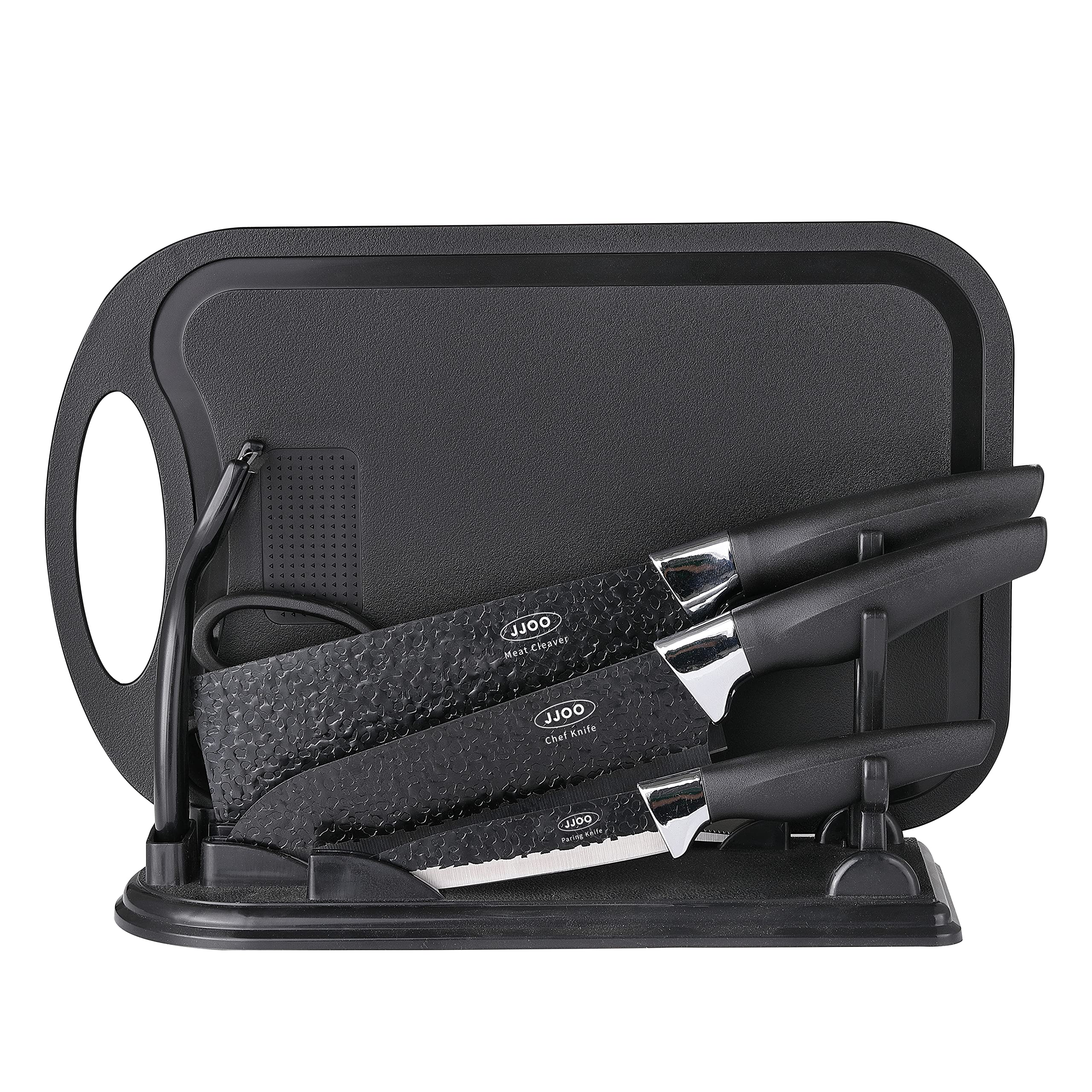 Knife Set, JJOO 7PCS German Stainless Steel Kitchen Knife Block Sets, includes Meat Cleaver, Chef Knife, Paring Knife, Kitchen Shears, Peeler, Cutting Board and Knife Block