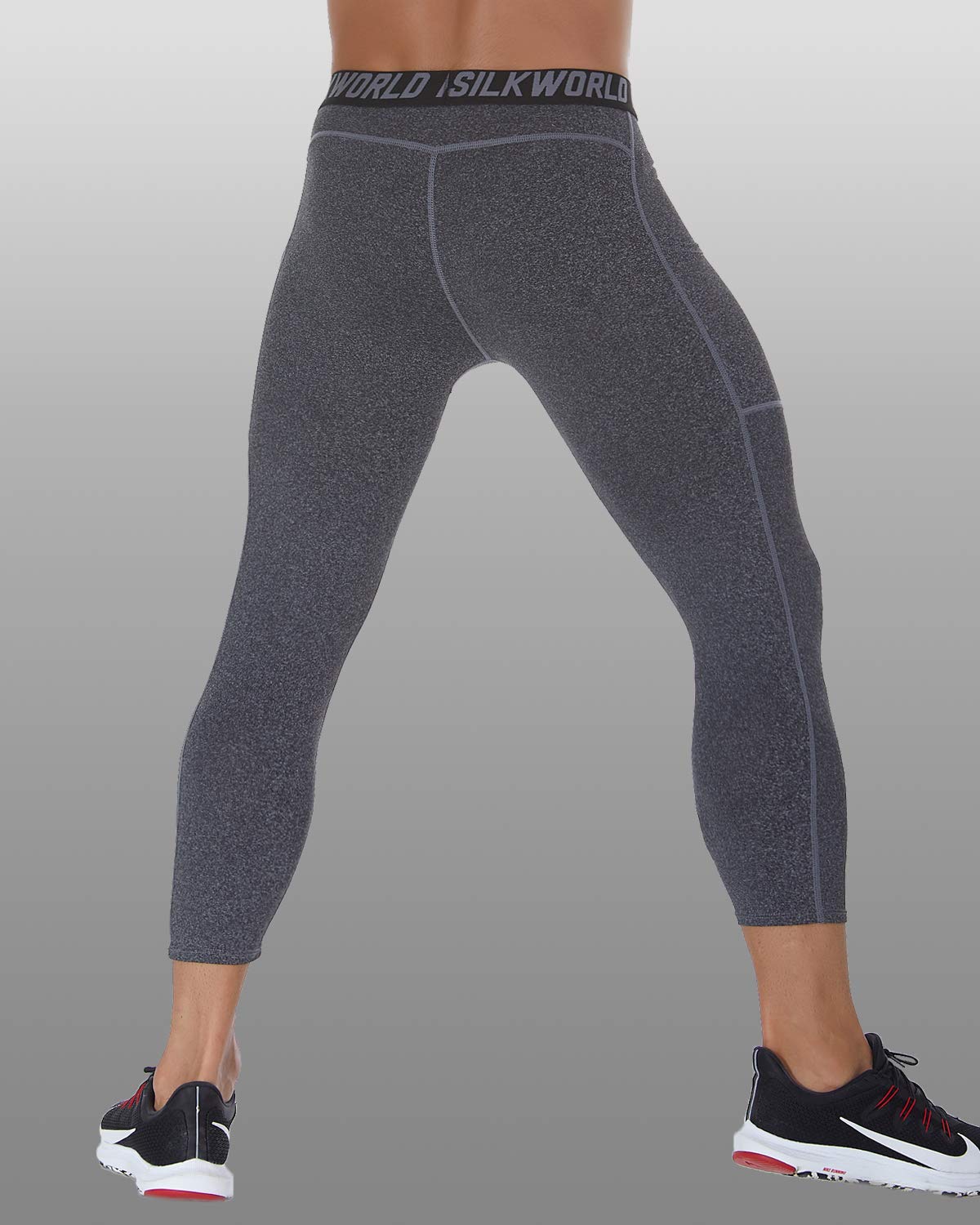 SILKWORLD Men's Compression Pants Lengging Cool Dry Athletic Base Layer Workout Tights with Pockets,835_Capri_Hemp Grey(Pockets),Small