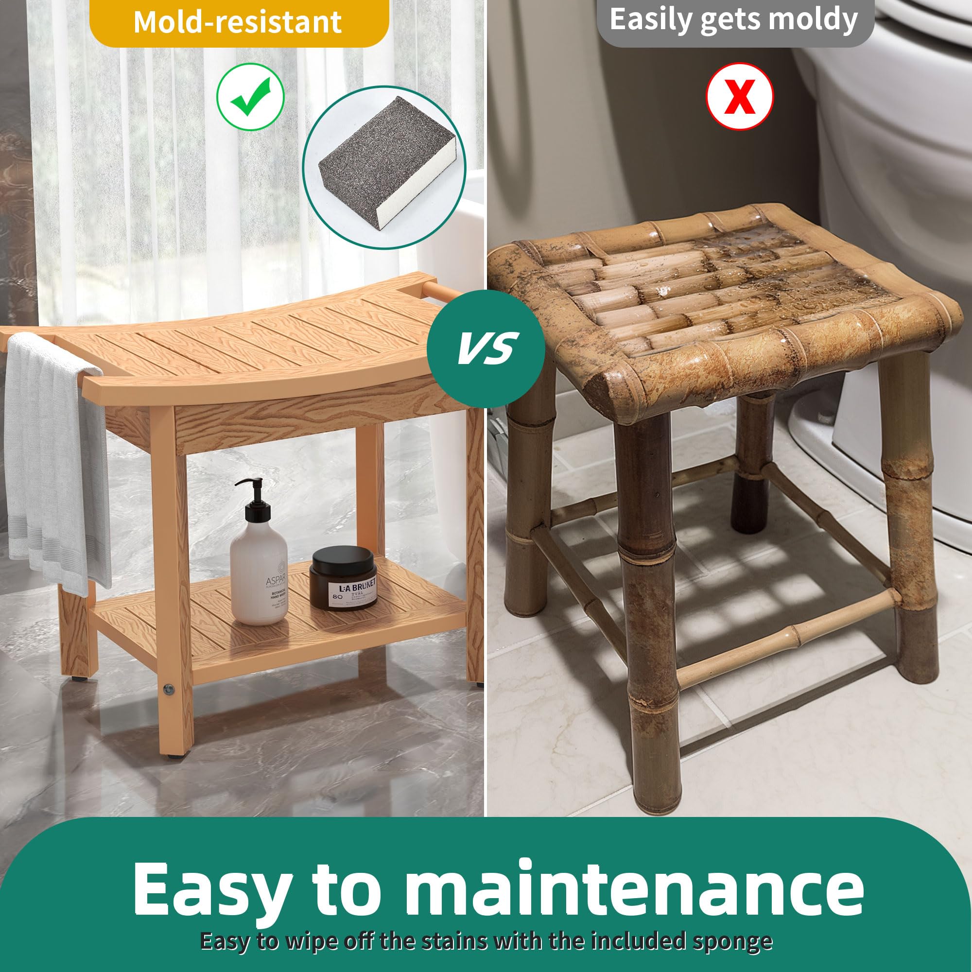 YITAHOME Poly Lumber Shower Bench with Handles, Shower Stool with Storage Shelf, Watertight & Non-Slip Design Shower Seat, Shower Bath Chairs Spa Stool for Bathroom 24' x 13' (Black)