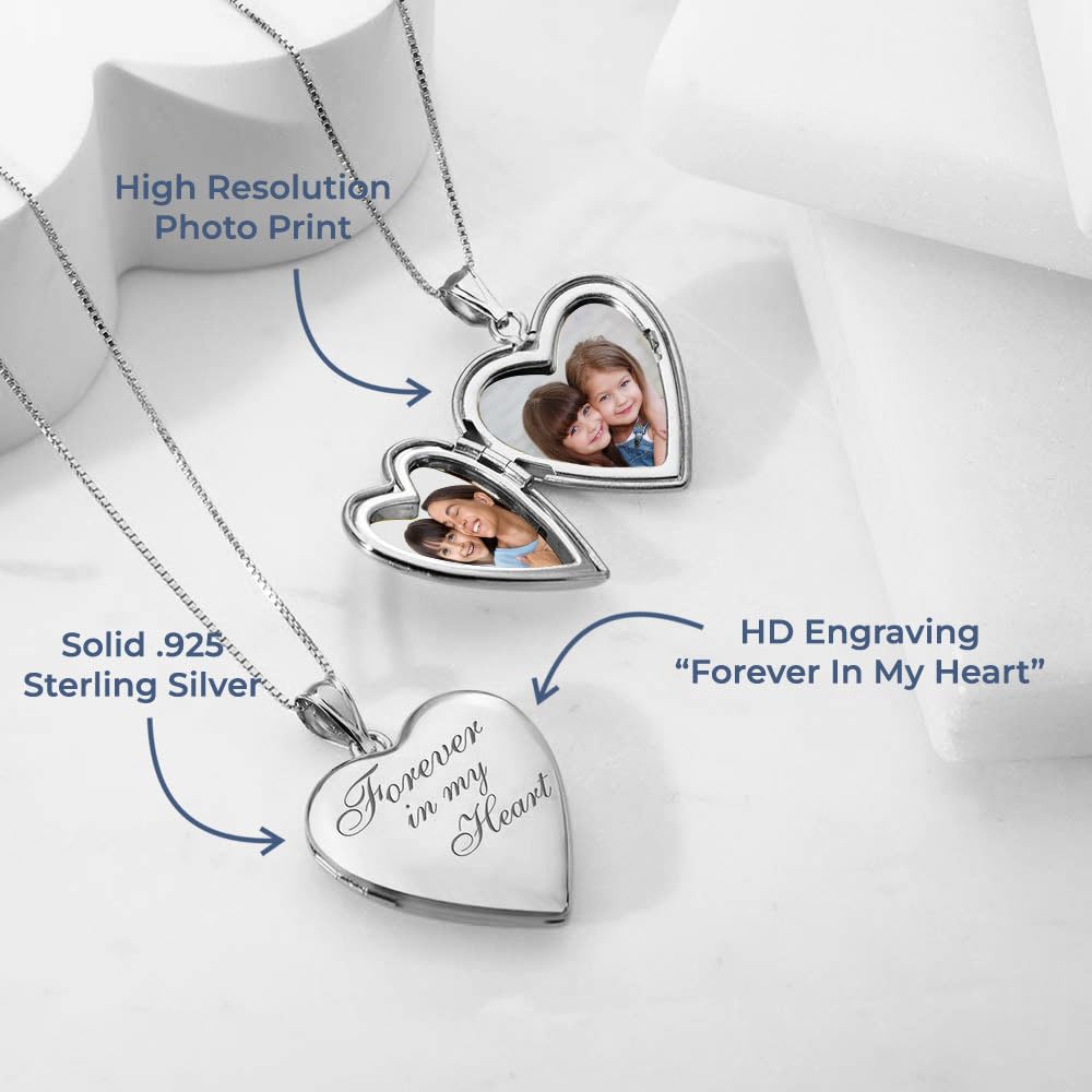 PicturesOnGold Forever in My Heart Locket Necklace for Women That Hold Pictures in Personalized Sterling Silver (Locket + 2 Photos + Engraving).