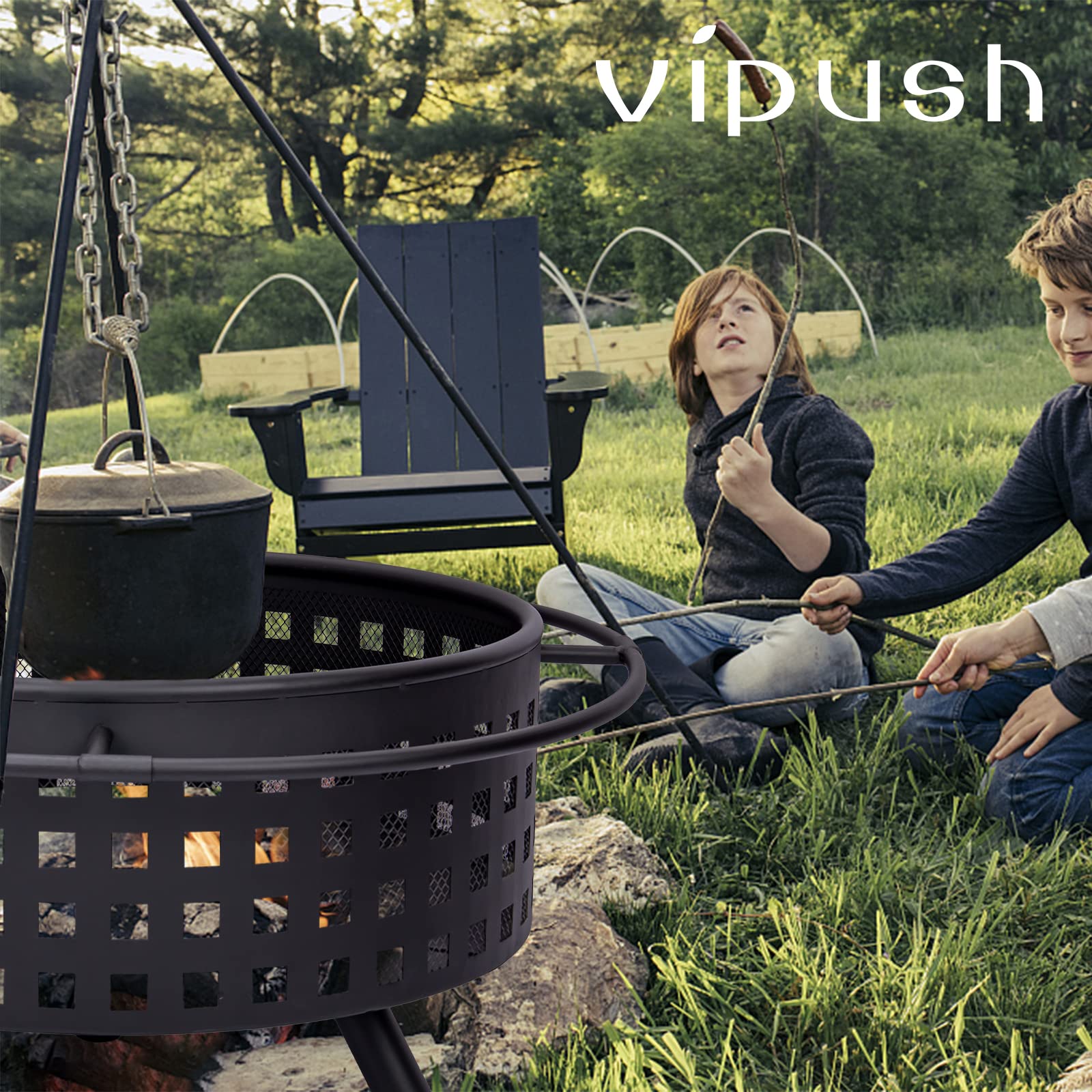 Vipush Fire Pit 30" Wood Burning Portable Outdoor Fire Pits - Large Steel BBQ Grill Fire Bowl with Spark Screen for Outside Patio Fire Poker Steel Round Fireplace for Camping Bonfire Beach Backyard