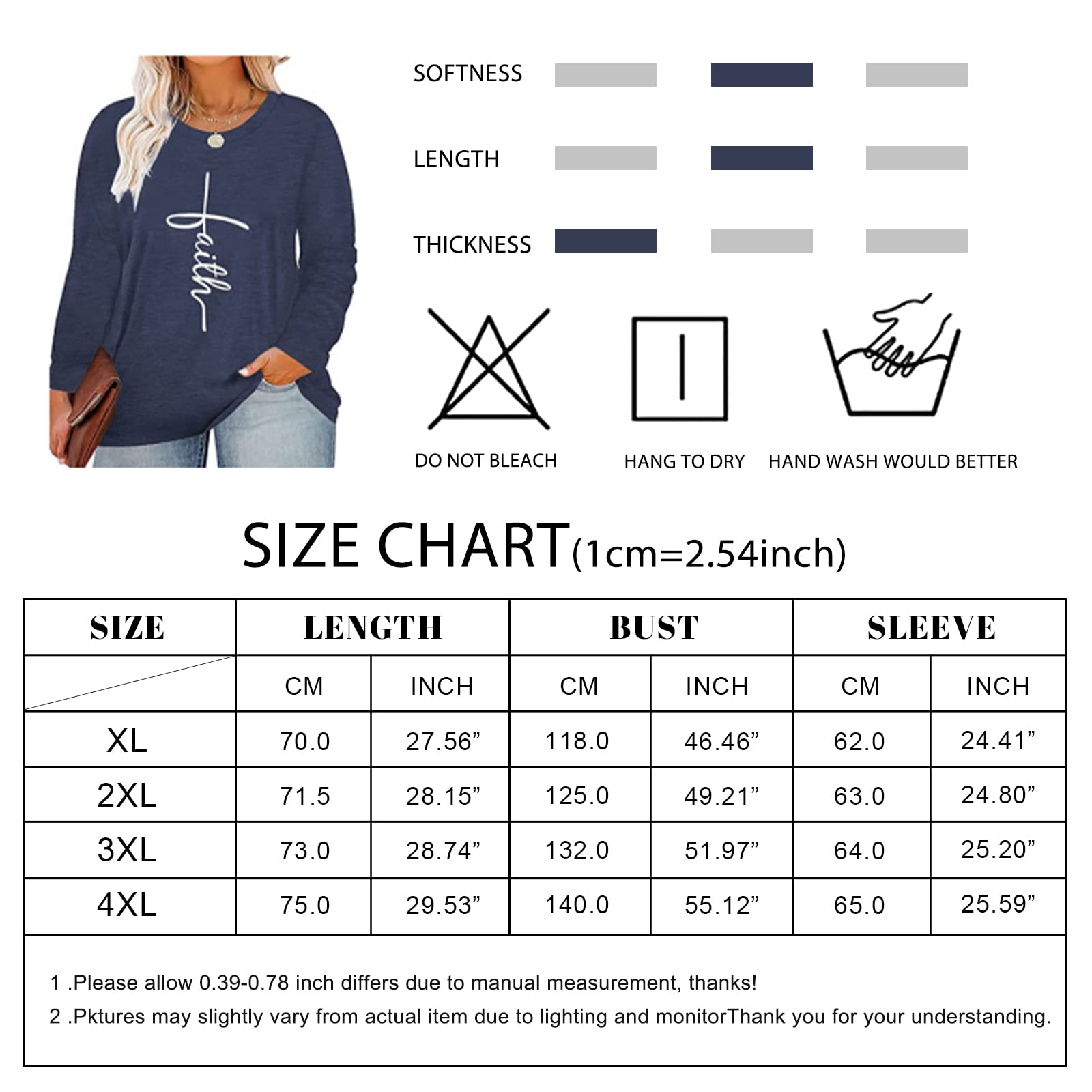 Plus Size Tops Women Faith Shirts Christian Inspirational Tshirt Long Sleeve Graphic Tees(C-02-Blue,3X)
