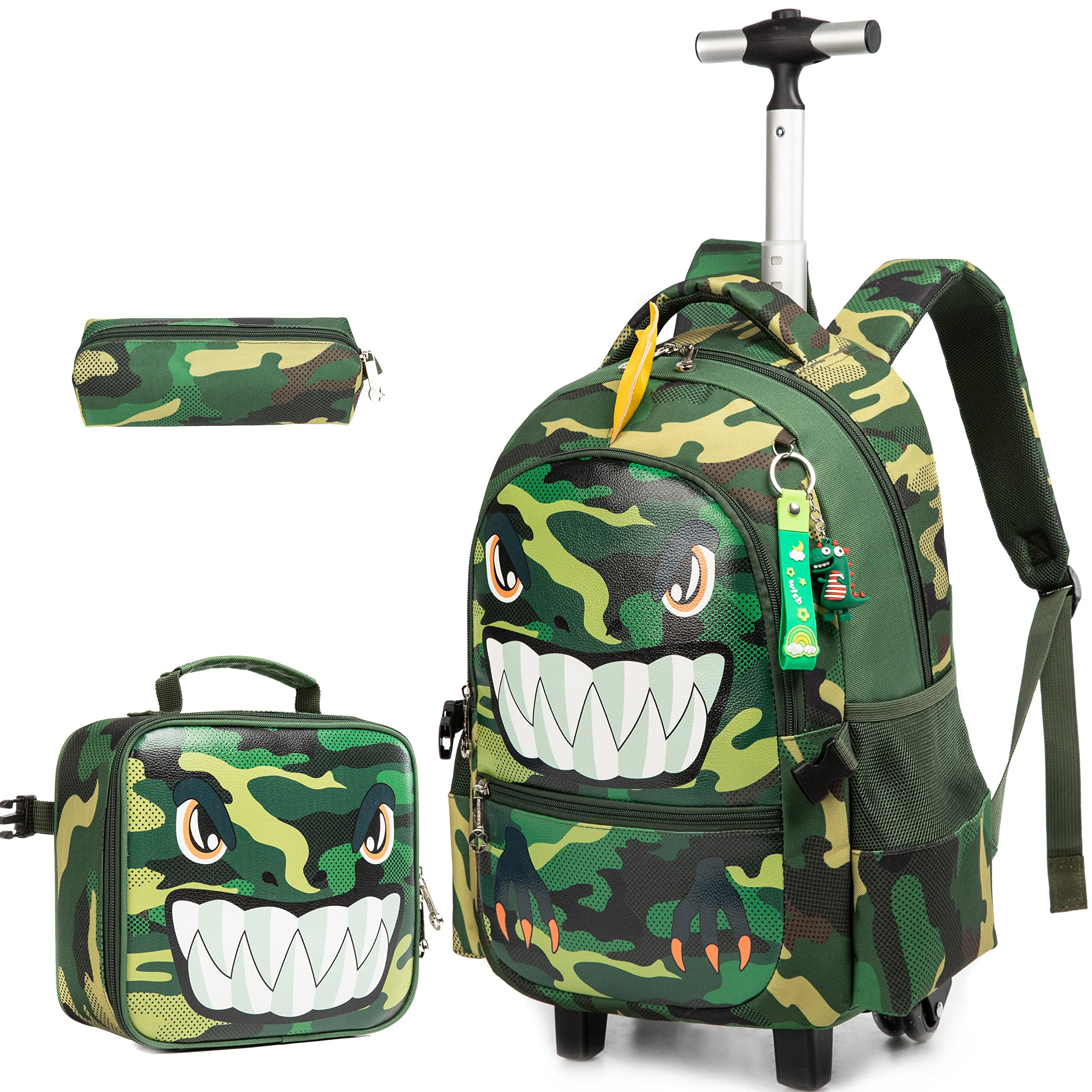 MYHSBYO Dinosaur Rolling Backpack Boys Kids Rolling Backpack with Wheels for Boys Wheeled Backpack Carry on Luggage Bookbag with Roller Set for Elementary