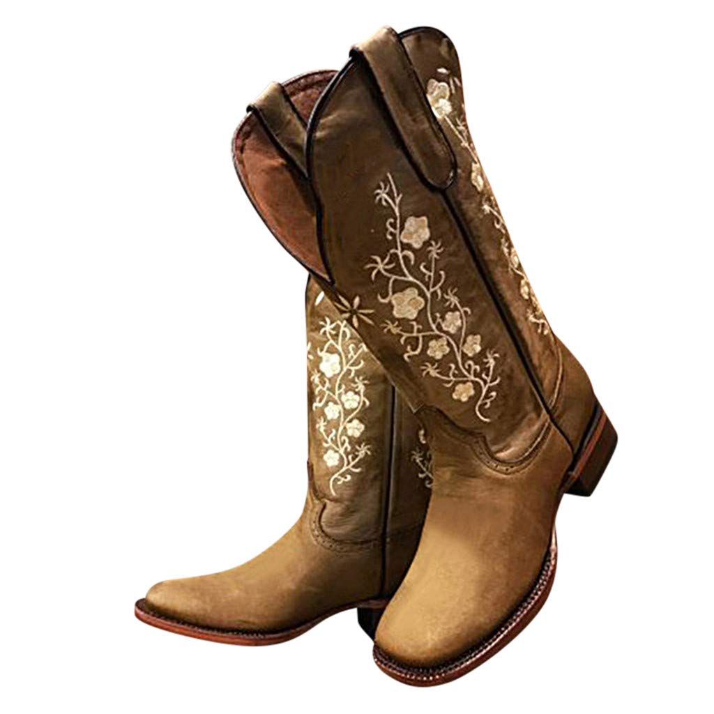 NOLDARES Women's Mid Calf Boots Round Toe Pull On Flower Embroidery Mid Heel Cowgirl Boots Women Chunky Heel Wedge Boots