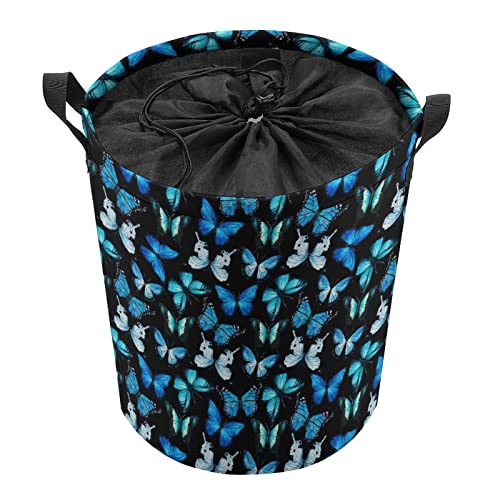 Watercolor Butterfly Laundry Basket Round Collapsible Storage Bin with Drawstring and Handle for Bedroom Bathroom Toys Room 17.3" X 13.8"