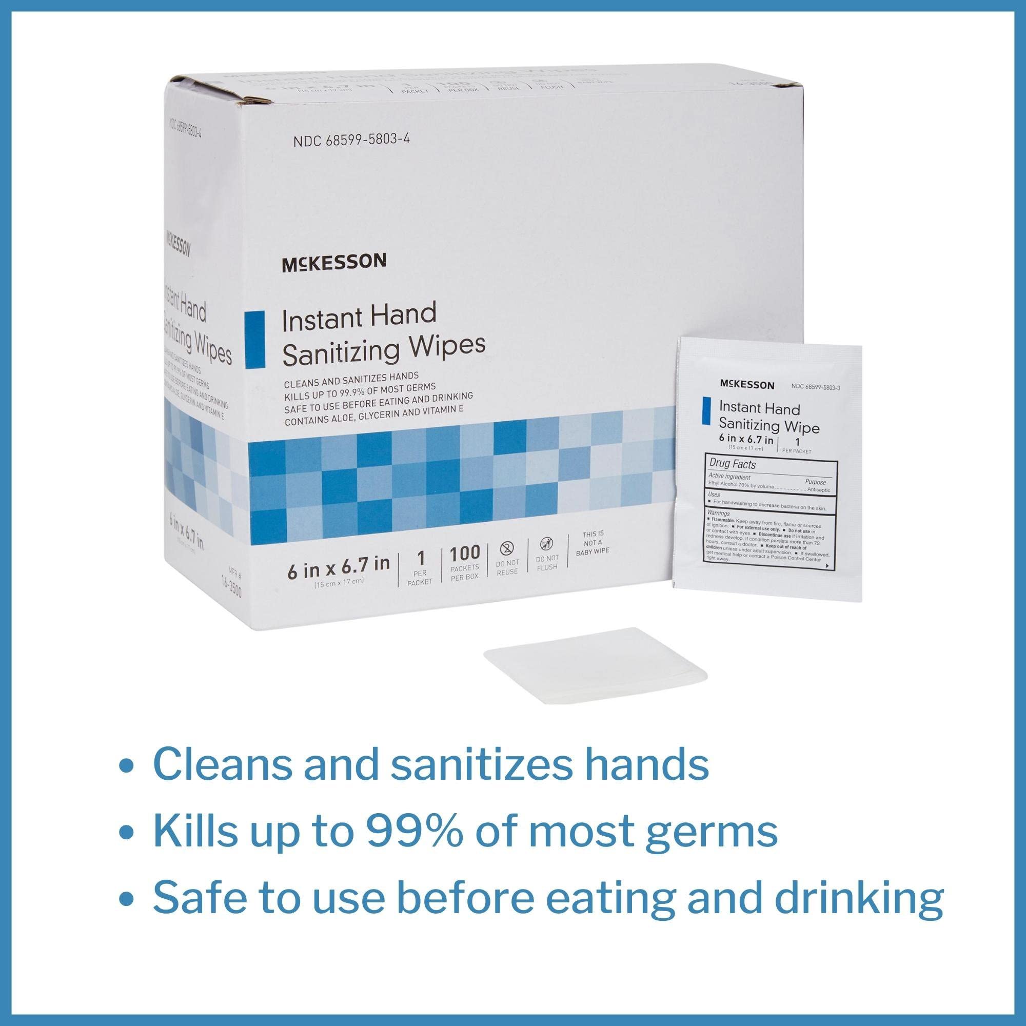 McKesson Hand Sanitizing Wipes - Individually Wrapped Single Towelettes for Travel - Moisturizing with Aloe and Vitamin E, 100 Wipes, 1 Pack