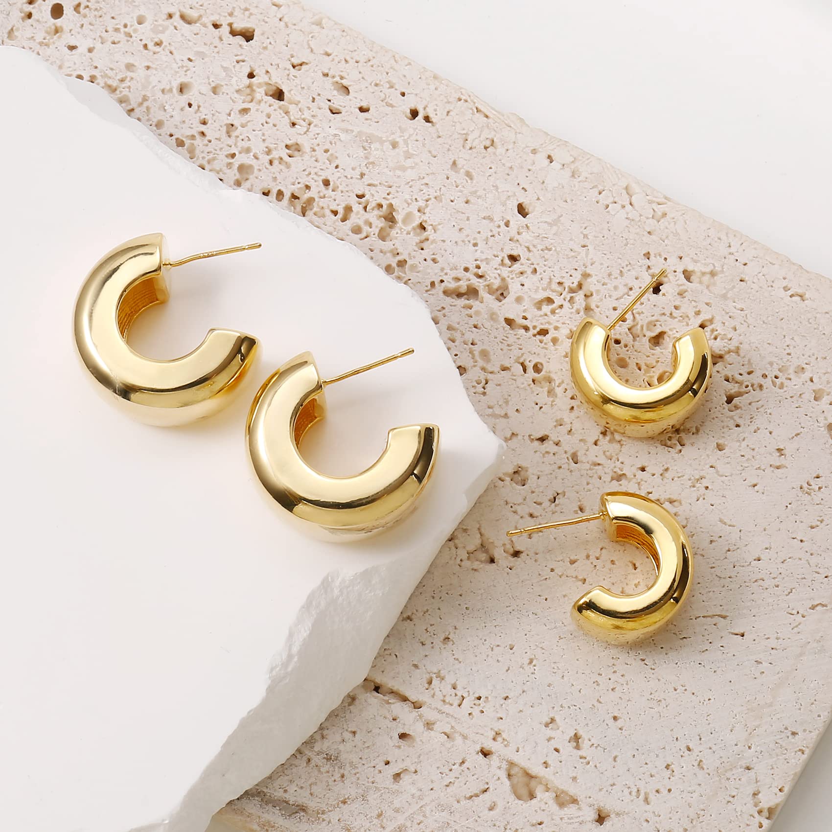 Thick Gold Chunky Hoop 14K Real Gold Plated Earrings Lightweight Hoops For Women (23.0 MM Gold Open Hoops)