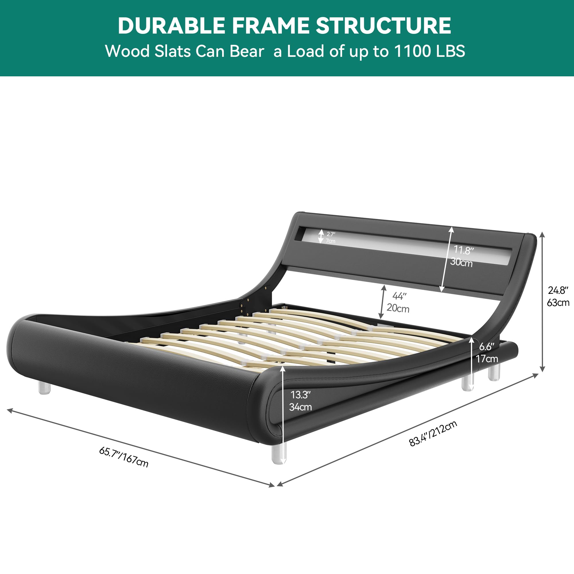 YITAHOME Queen Bed Frame with Ergonomic Headboard,Upholstered Led Bed Frame with Lights & Storage Charging Station,Platform Bed Frame with Premium Pu Leather/No Box Spring Needed,Black