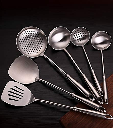 LMMDP 7pcs Kitchen Utensil Set Stainless Steel Turners Spatula Spoon Shovel Colander Rice Scoop Durable Cooking Tool Set Storage Rack