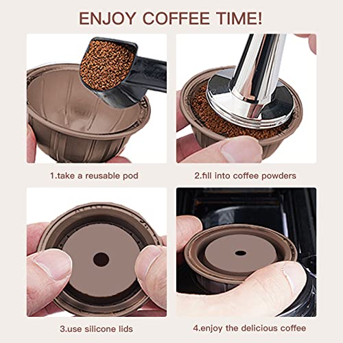 Reusable Coffee Capsule Lids for Original Nespresso Vertuoline Pods, Food Grade Silicone Caps for Refillable Nespresso Vertuo Pods with Scoop and Brush, 4 PCS(Brown)