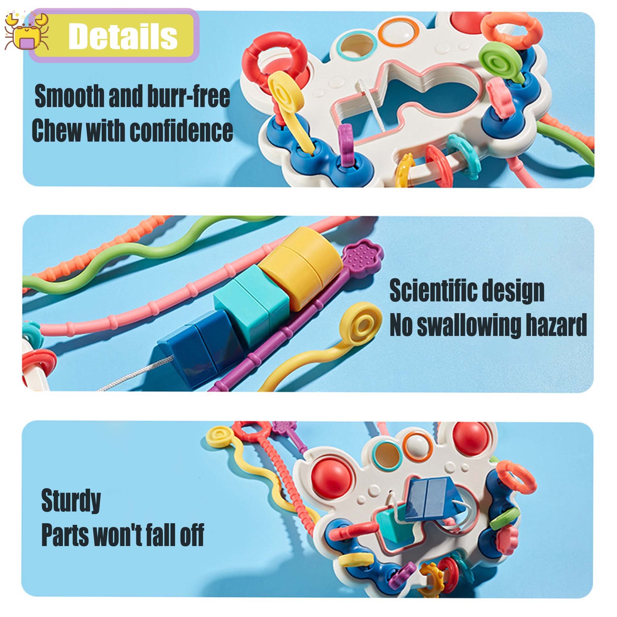 Silicone Pull String Interactive Toy, New 5-in-1 Montessori Baby Toy, Threading Blocks with Sound Added,Toys for Boys/Girls/Toddlers/Baby Age 18 M+