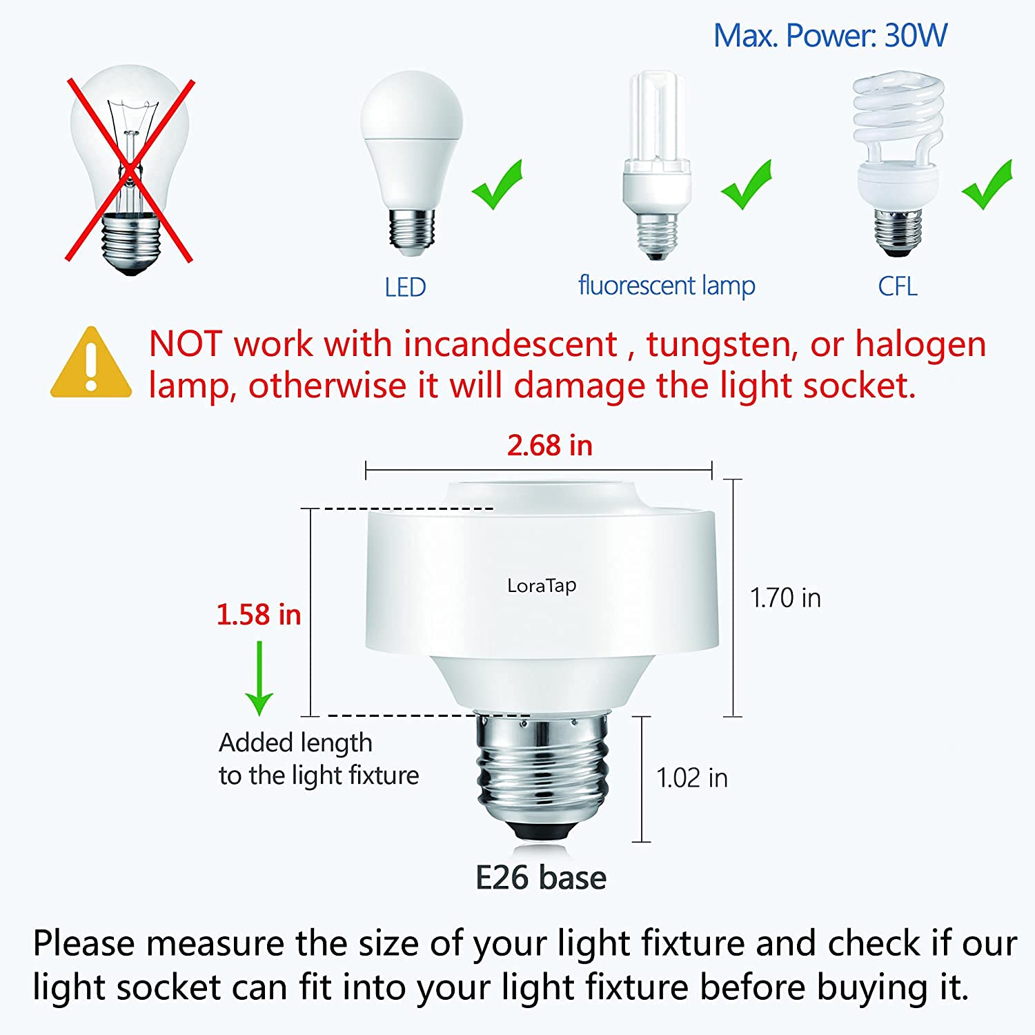 LoraTap Smart WiFi Bulb Socket E26 2 Pack Wi-Fi LED Light Bulb Timer Lamp Holder Adapter, Voice Control with Alexa and Google Assistant, Smart Life App Control from Anywhere by Phone, 30W Max