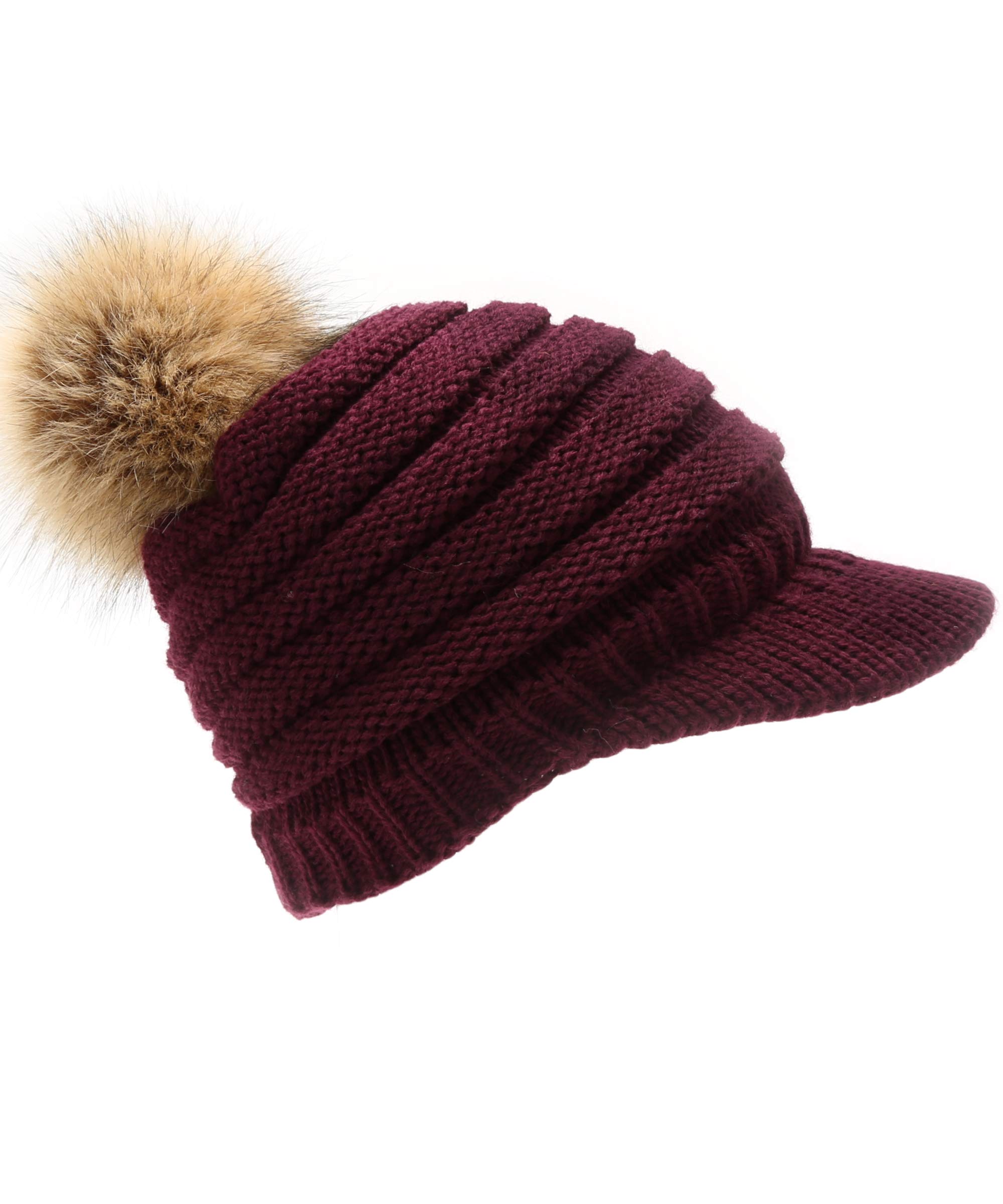 MIRMARU Women's Soft Warm Ribbed Knit Visor Brim Pom Pom Beanie Hat with Plush Lining (Plum)
