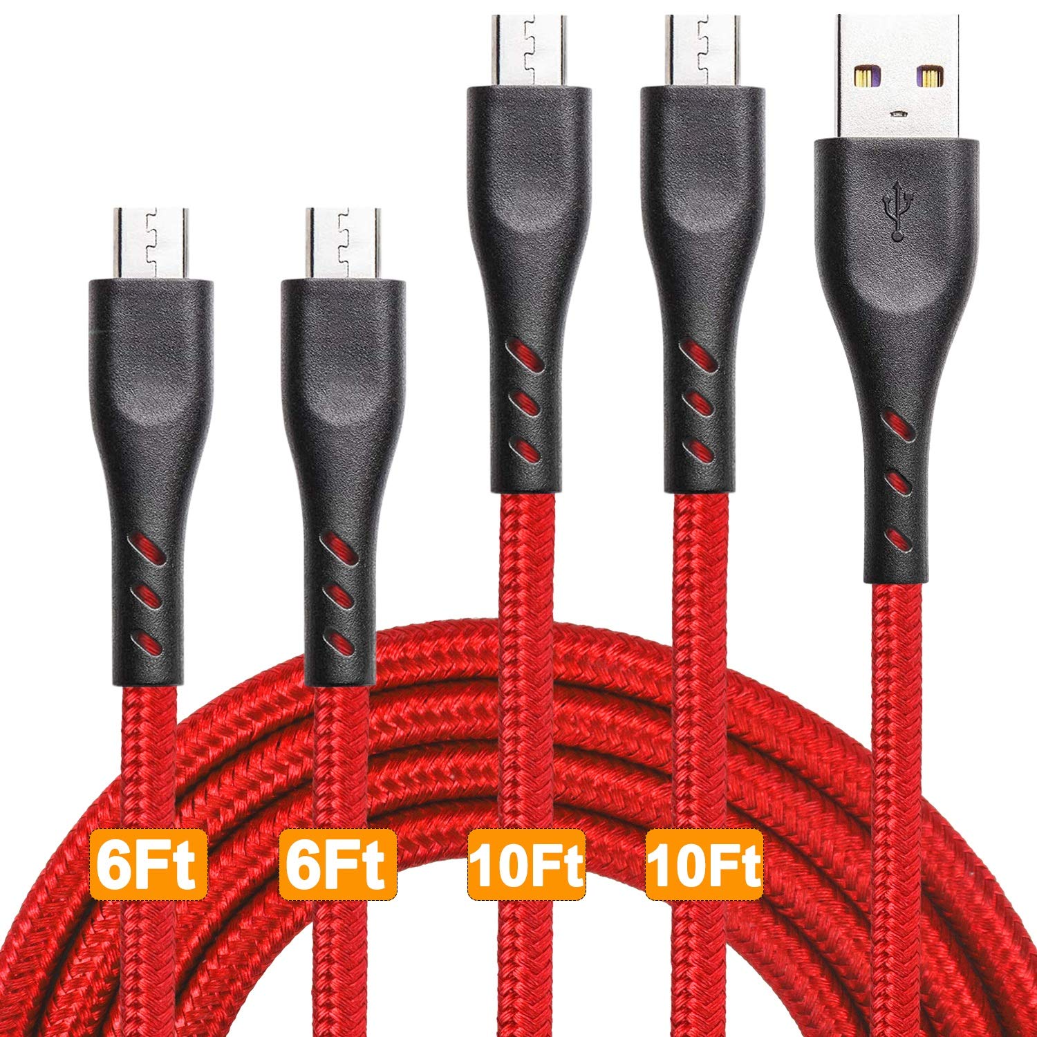 Micro USB Cable Braided 10ft 10ft 6ft 6ft, Android Charging Cable Fast Phone Charger Cord with Extra Long Length Nylon Braided Compatible with PS4,Samsung Galaxy S7 Edge/S7/S6,Note 5 4,LG(4pack)