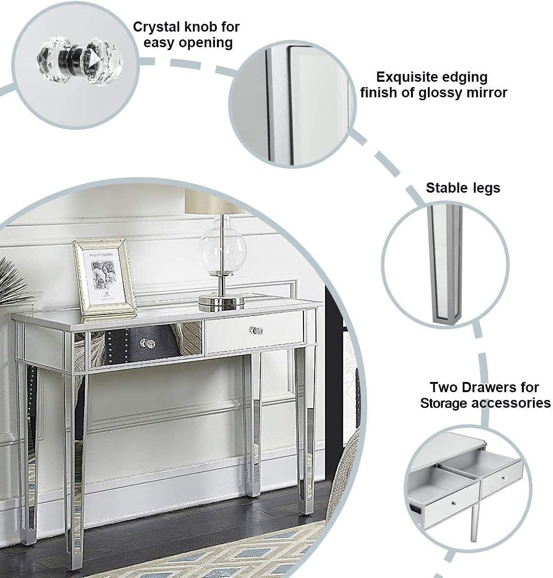 Mirrored Console Table with 2 Drawer, Silver Mirrored Makeup Dressing Table Vanity Desk, Modern Writing Desk Media Table for Bedroom Entryway Home Office