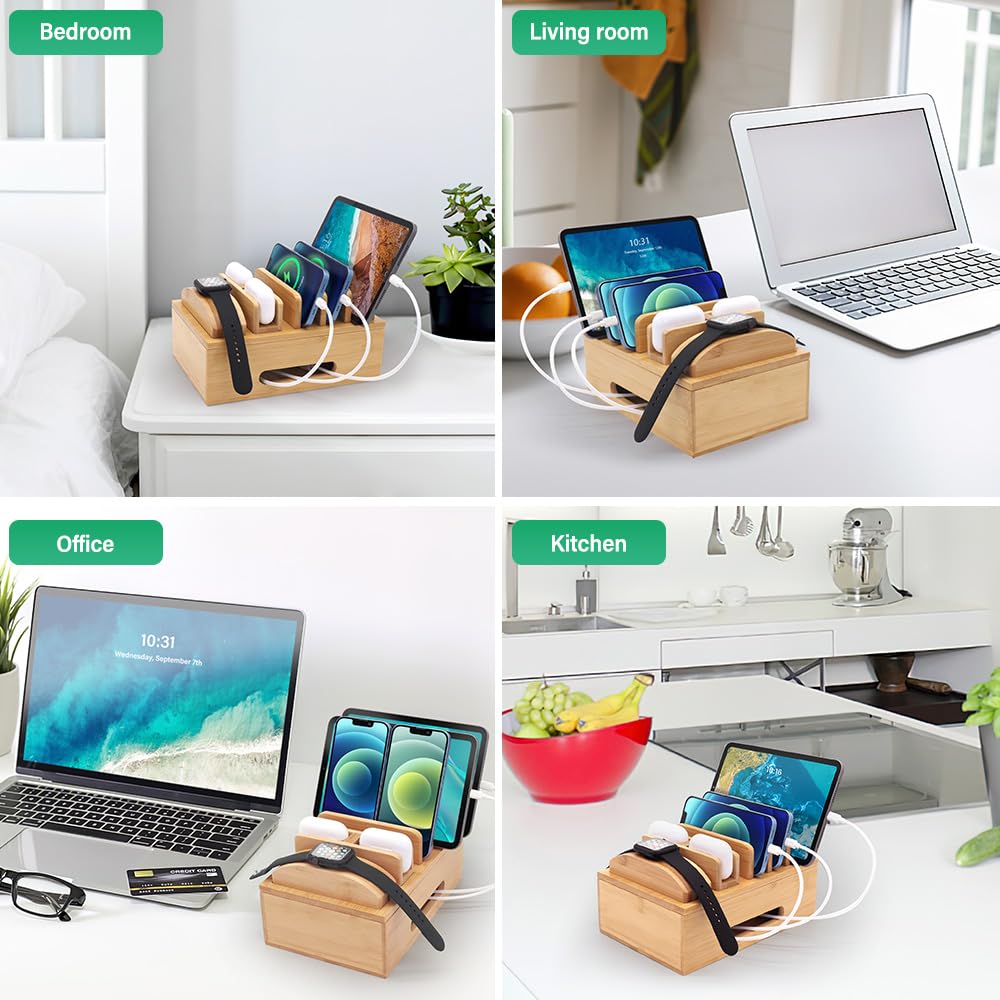 Myndekly Bamboo Charging Station Organizer for Multiple Devices, Desktop Docking Station for Cell Phones, Tablets, SmartWatch&Earbuds Stand (Includes 6 Cables) (No Power Supply)