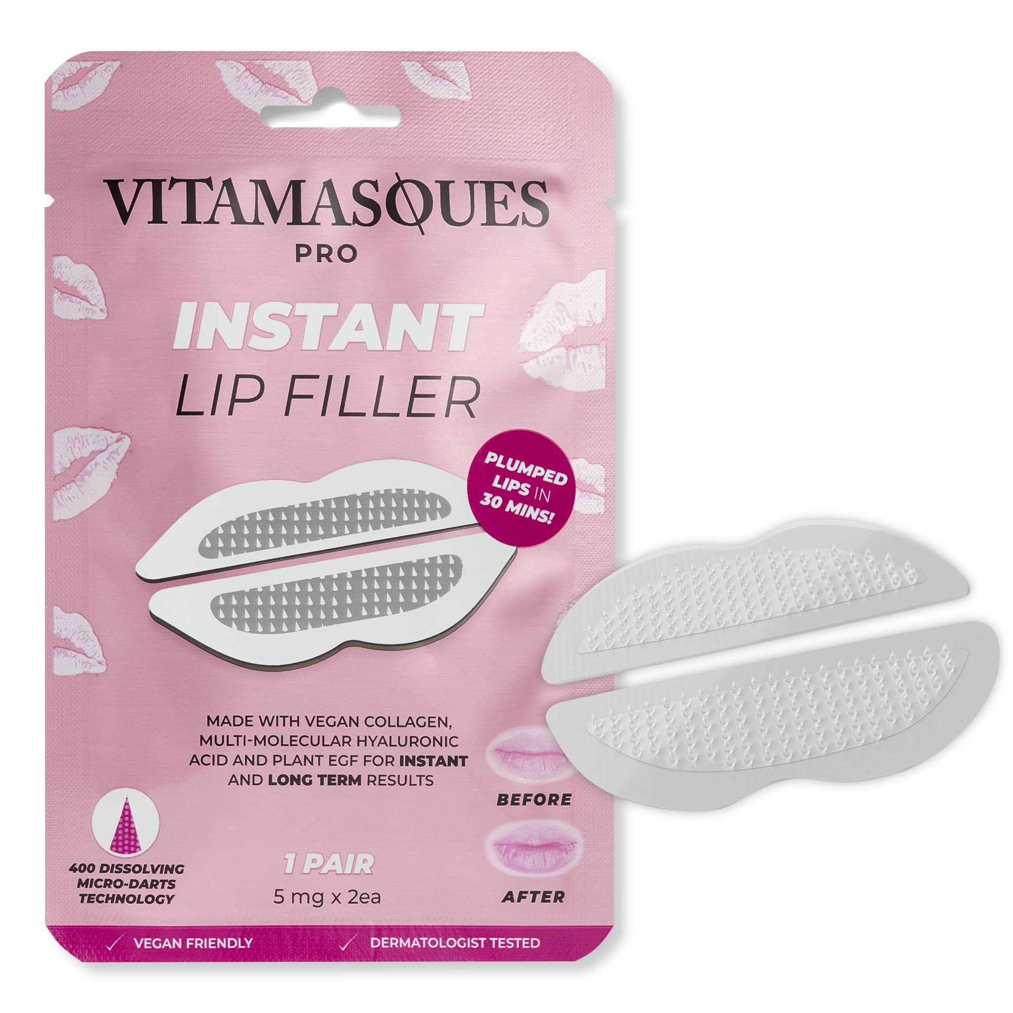 Vitamasques Instant Lip Filler for Plumped Lips in 30 Mins Vegan Collagen, Multi-Molecular Hyaluronic Acid & 400 Dissolving Micro-Dart Technology for Instant & Long-Lasting Results