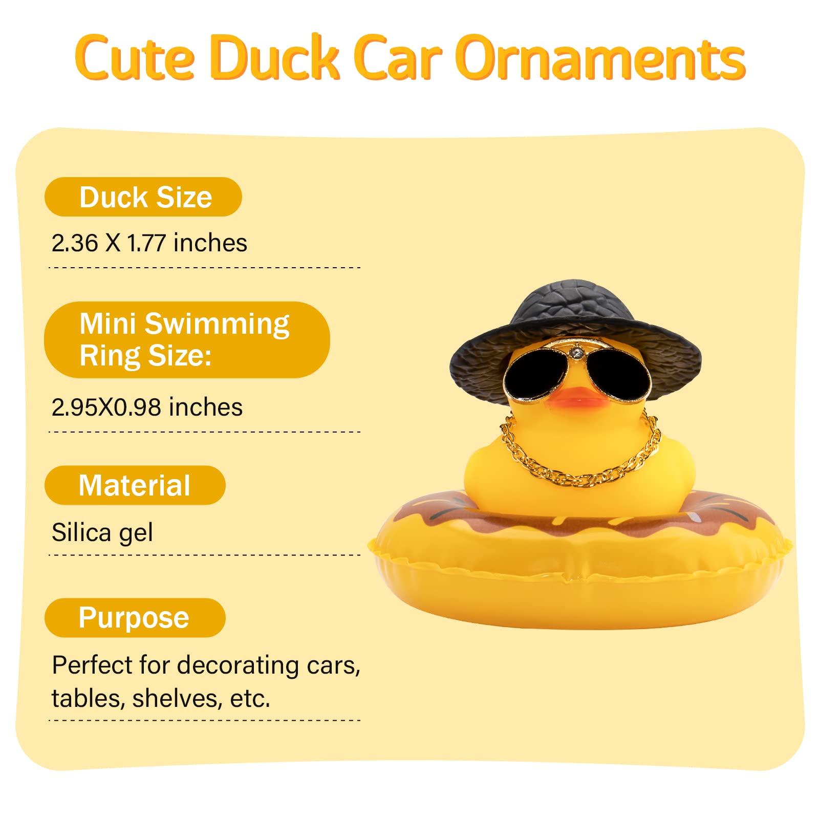 wonuu 3PCS Starw Hat Swim Ring Rubber Ducks with Diamon/Plastic Sunglasses Hat Necklace for Cars Dashboard Decorations Car Accessories Toy Duck Car Ornament, Blue+Black+White