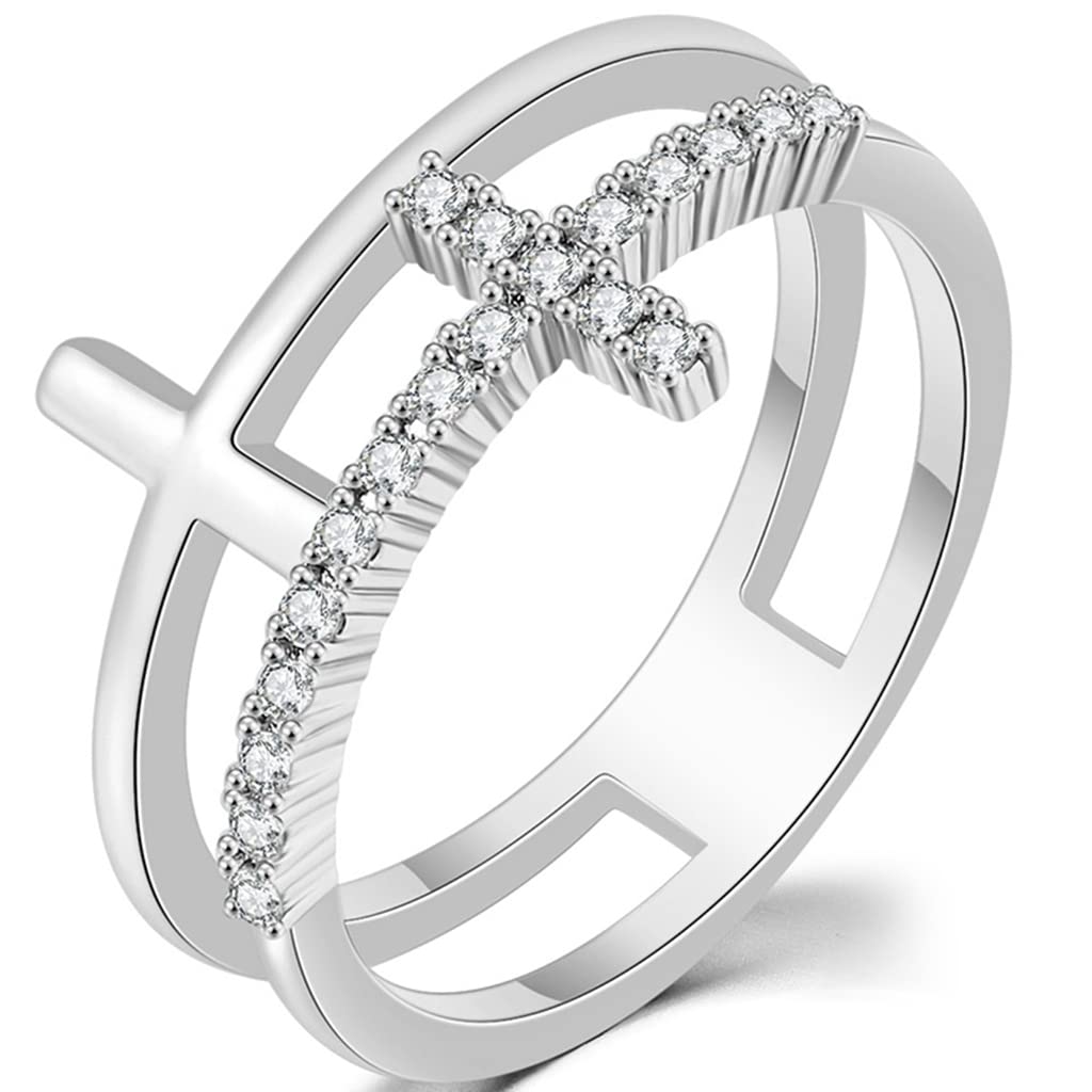 Silver Rose Gold Plated Double Christian Cross Religious Wedding Statement Christmas Holiday Ring (Silver, 8)