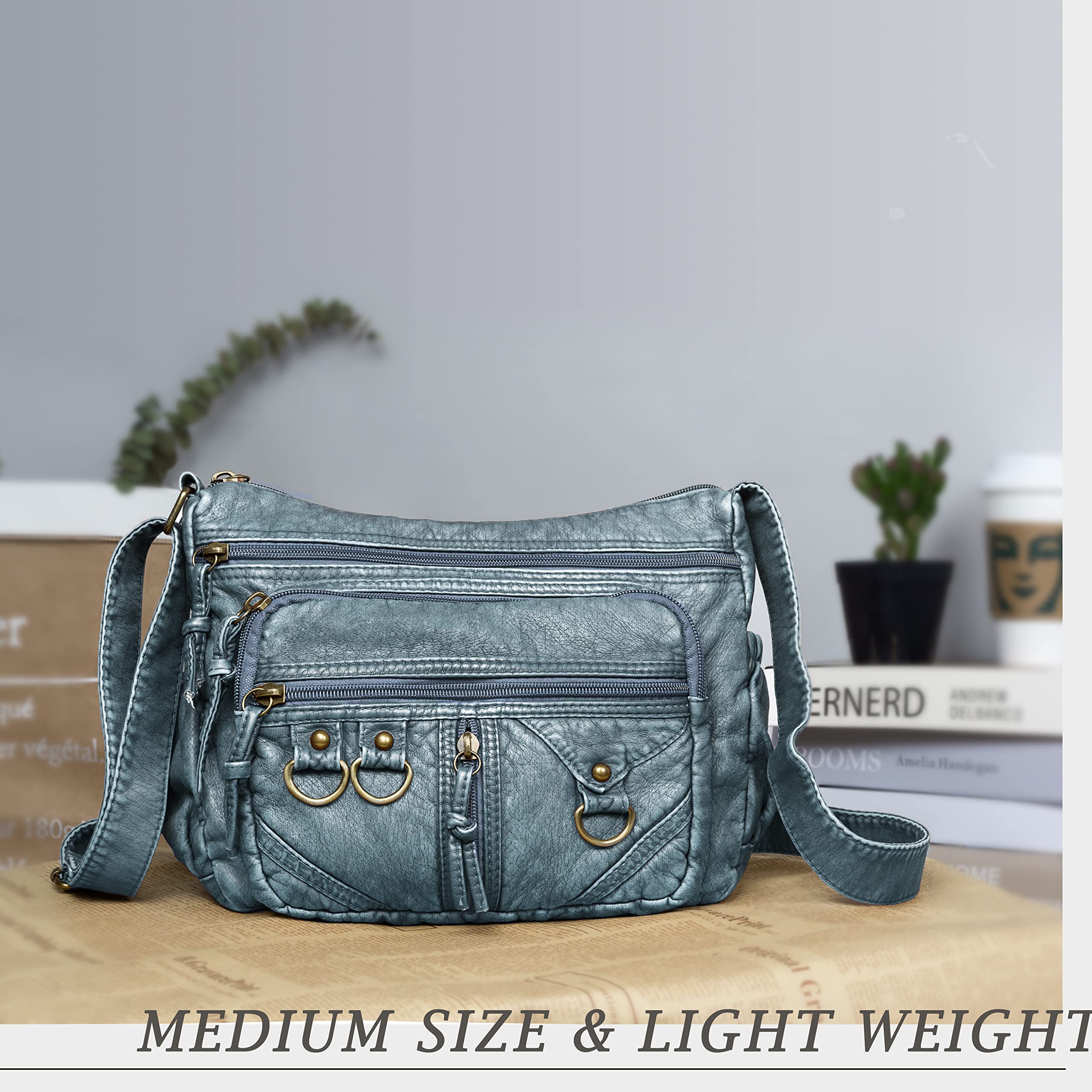 Women's Vintage Soft PU Leather Crossbody Bag Multi Pocket Purses and Handbag Ladies Lightweight Travel Shoulder Bag (761-2-Blue)