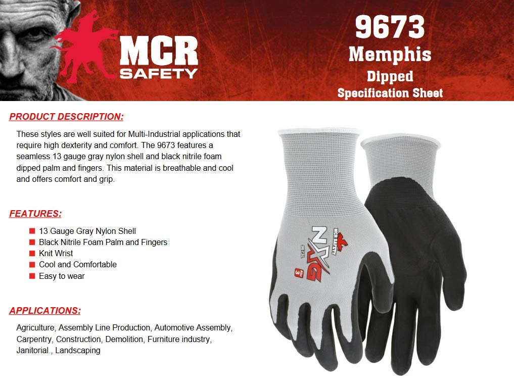 MCR Safety 9673 NXG 13 Gauge Gray Nylon Black Nitrile Foam Coated Palm, Work Gloves (12 Pair) (Large)