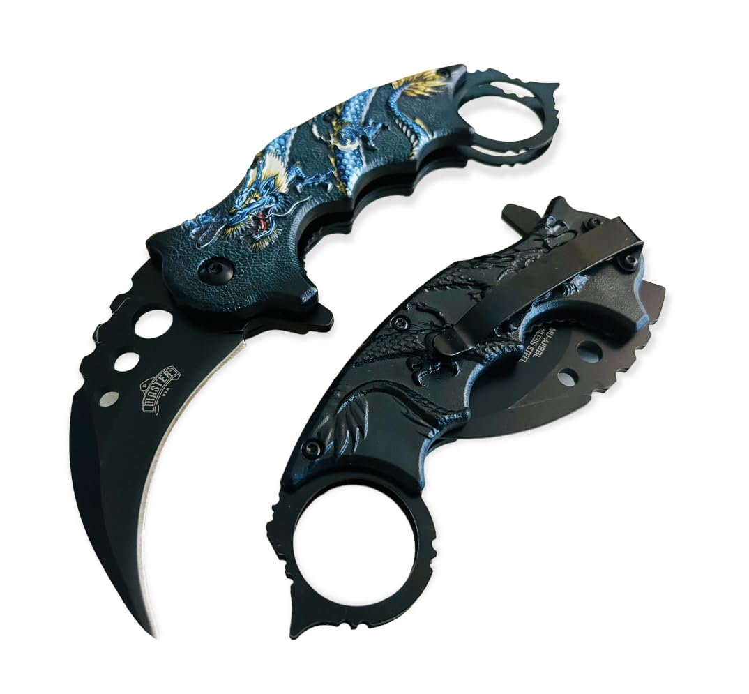 Super Knife Blue Dragon 8.5" Spring Assisted Folding Blade EDC Pocket Knife with Glass Breaker and Pocket Clip